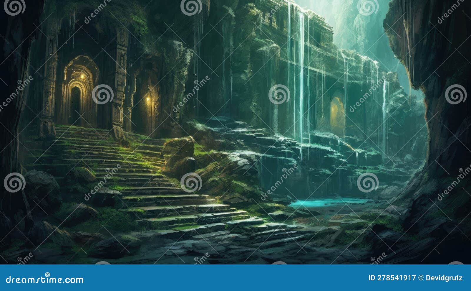 Ancient Underground Overgrown Fantasy Temple Ruin In A Cave With Stone ...
