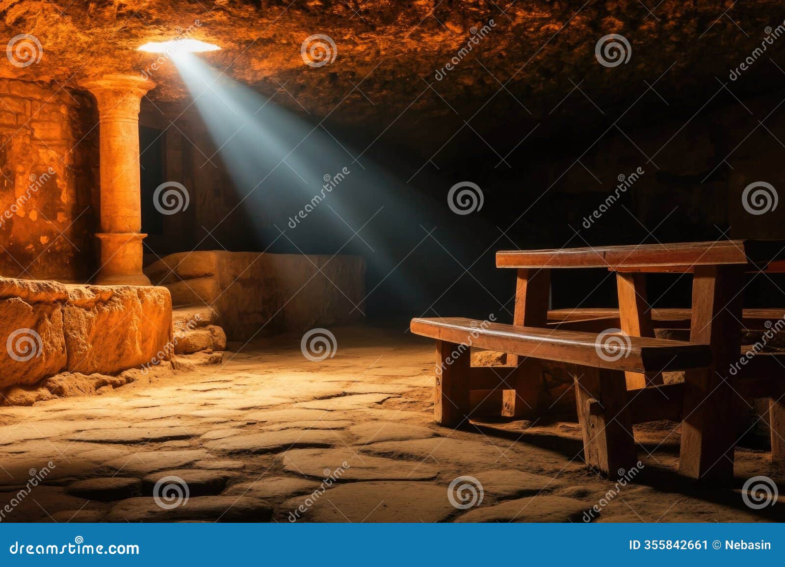 Ancient Underground Chamber With Sunlit Beam And Wooden Benches Stock ...