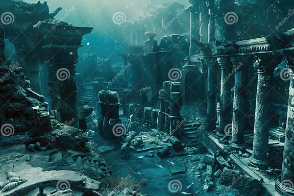 Ancient Underwater Atlantis Ruins with Columns and Statues. Stock Photo ...