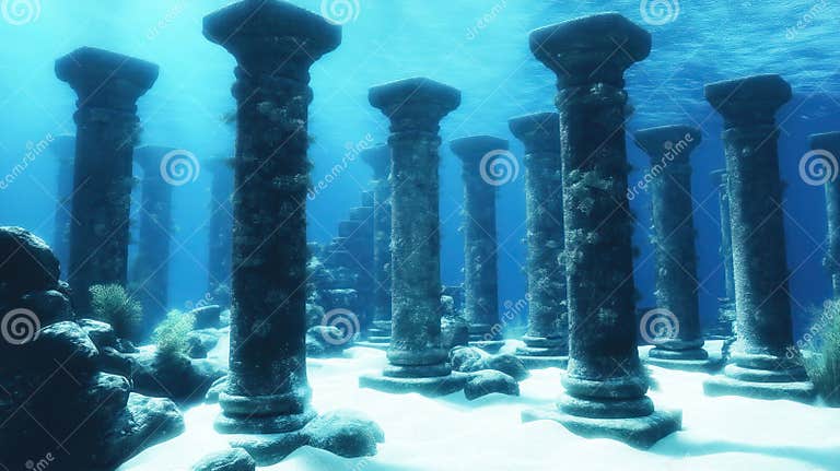 Ancient Underwater Ruins with Stone Columns Beneath the Ocean Surface ...