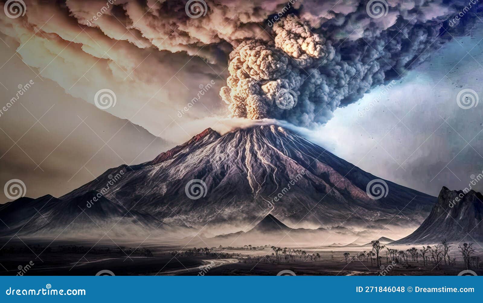 Ancient Volcanic Cone with a Large Plume of Ash and Smoke that Extends ...