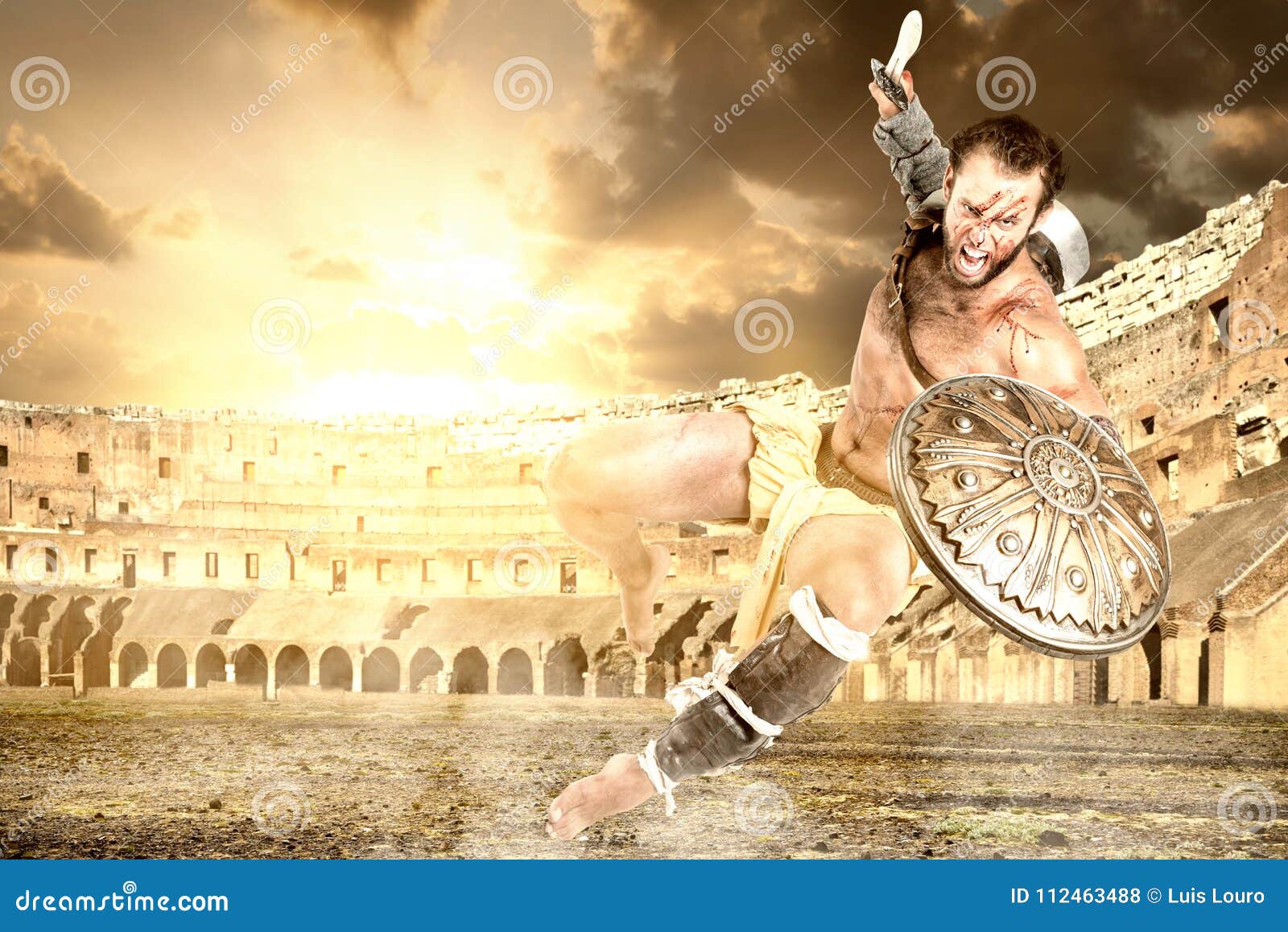 Gladiator in the arena stock photo. Image of greek, dark - 112463488