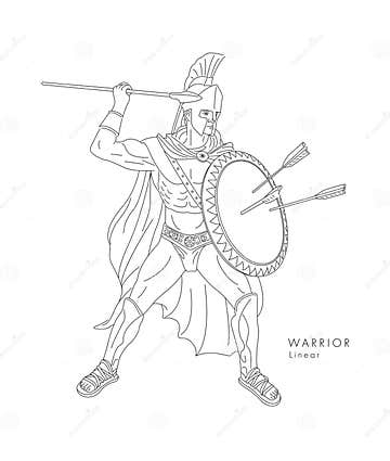Ancient Warrior Line Illustration in Full Armor with Spear and Shield ...