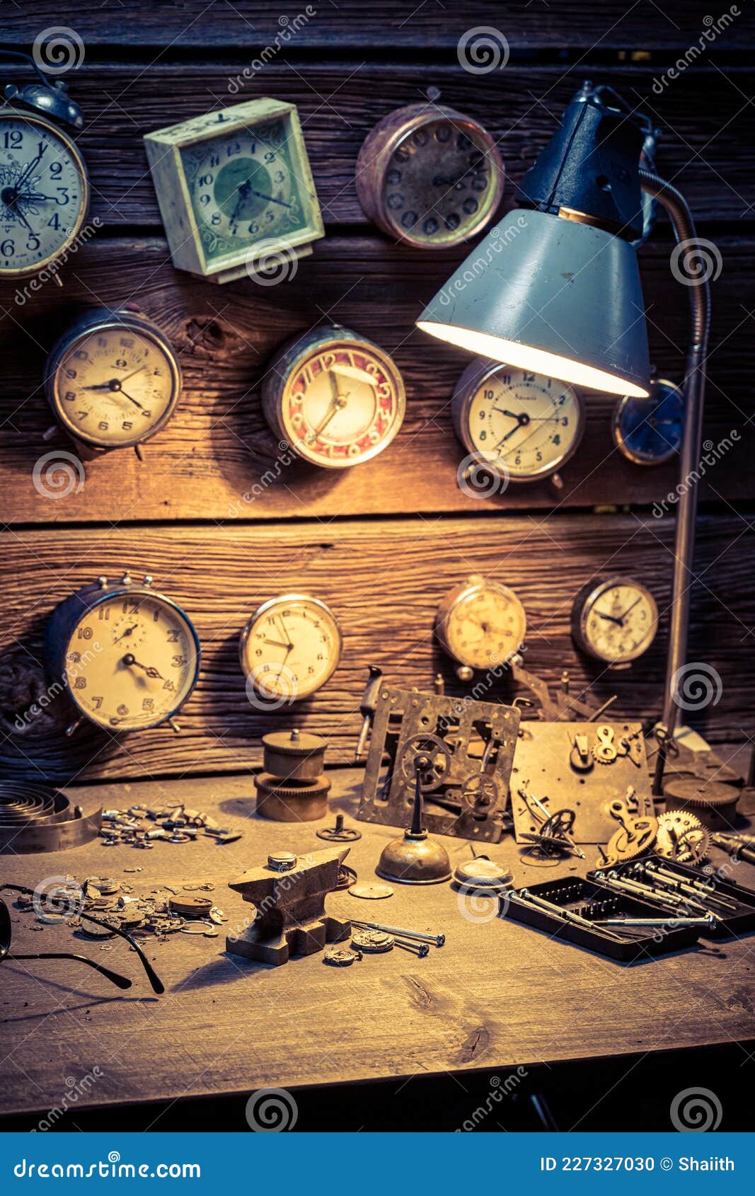 Ancient Watchmaker`s Workshop. Watchmaker`s Workshop with Ruined Clocks ...