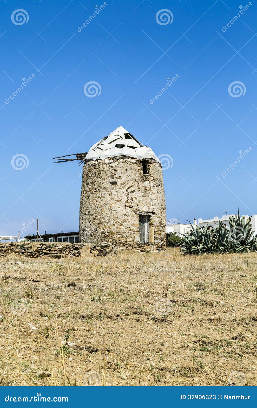 Ancient Wind Mill in Greece, Isolated on Blue Sky Stock Image - Image ...