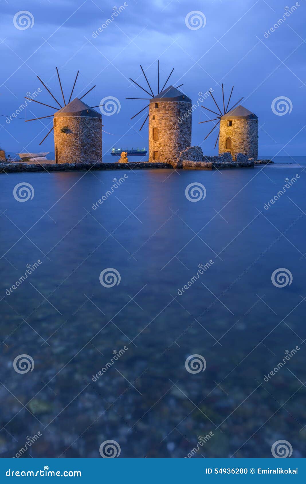 Ancient Windmills of Chios at Night Stock Photo - Image of windmills ...