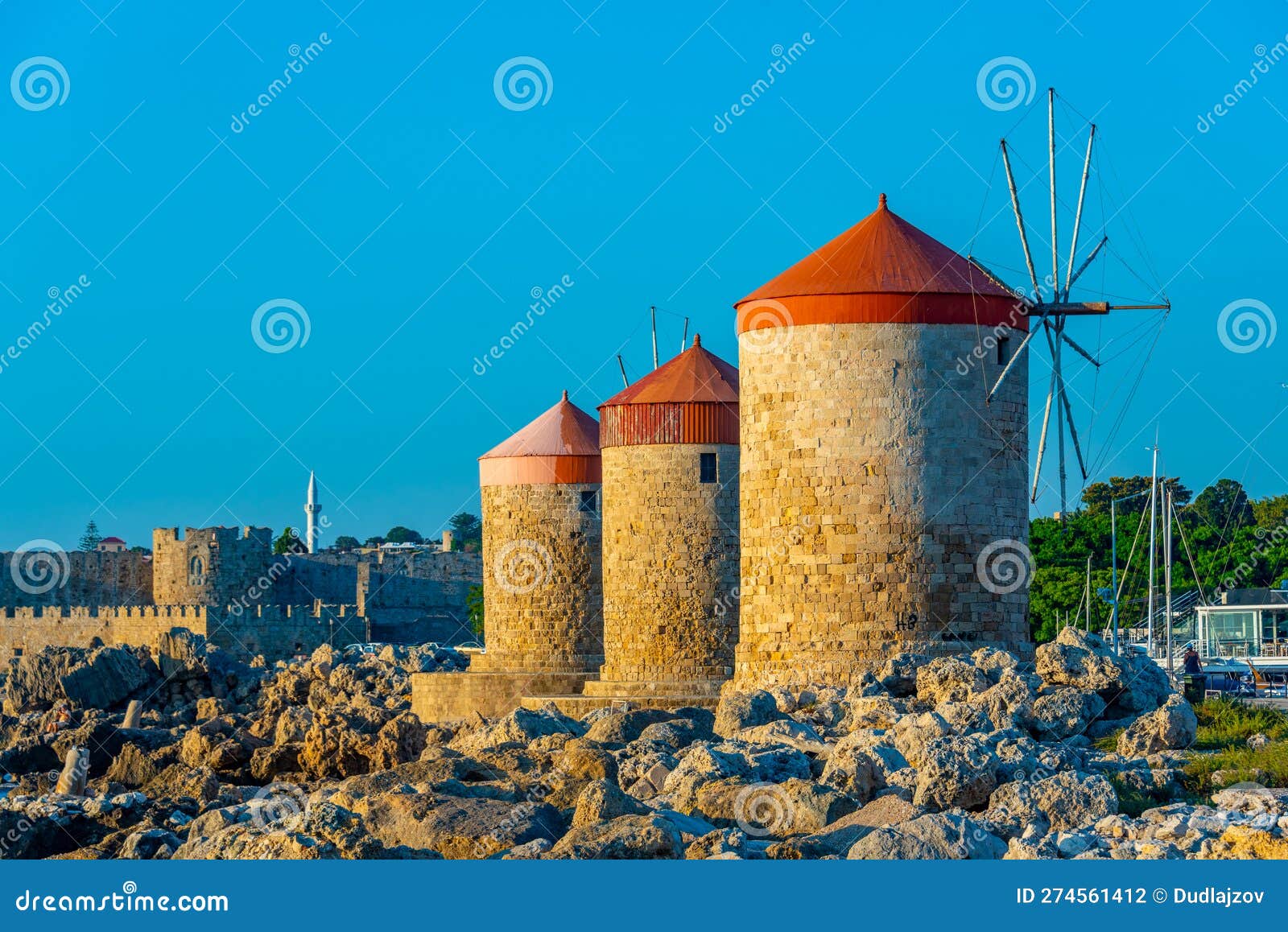 Ancient Windmills at the Port of Rhodes, Greece Stock Photo - Image of ...