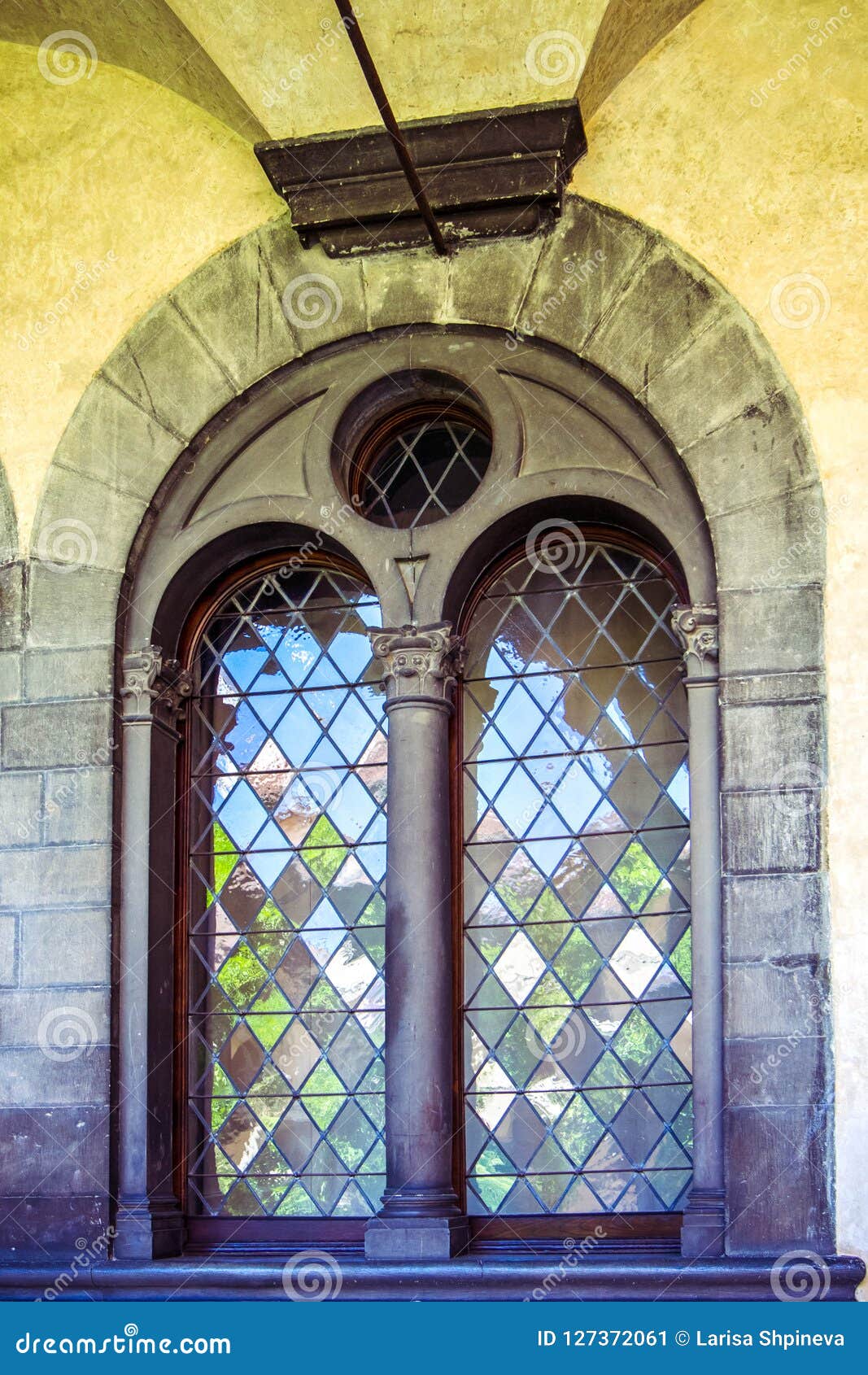 Ancient Window at Old Facade with Abstract Glass Pattern. Stock Image ...