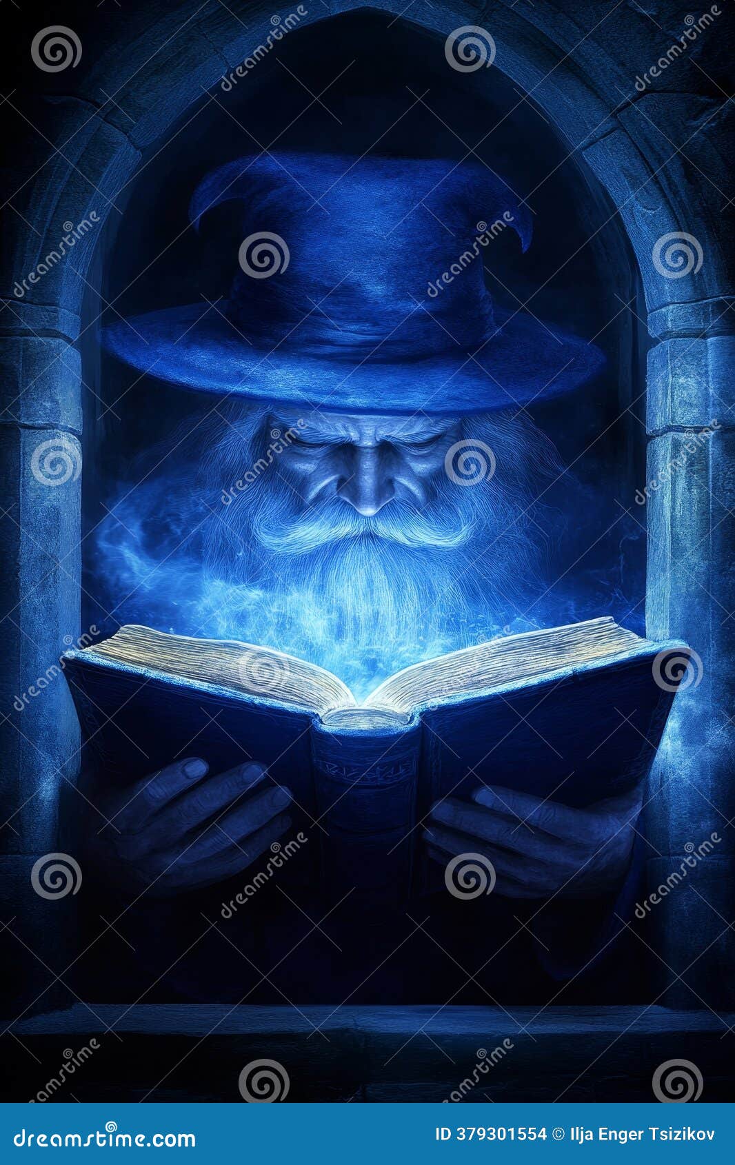 Ancient Wizard Reading Glowing Book A Wise Old Wizard In A Dark Hood ...