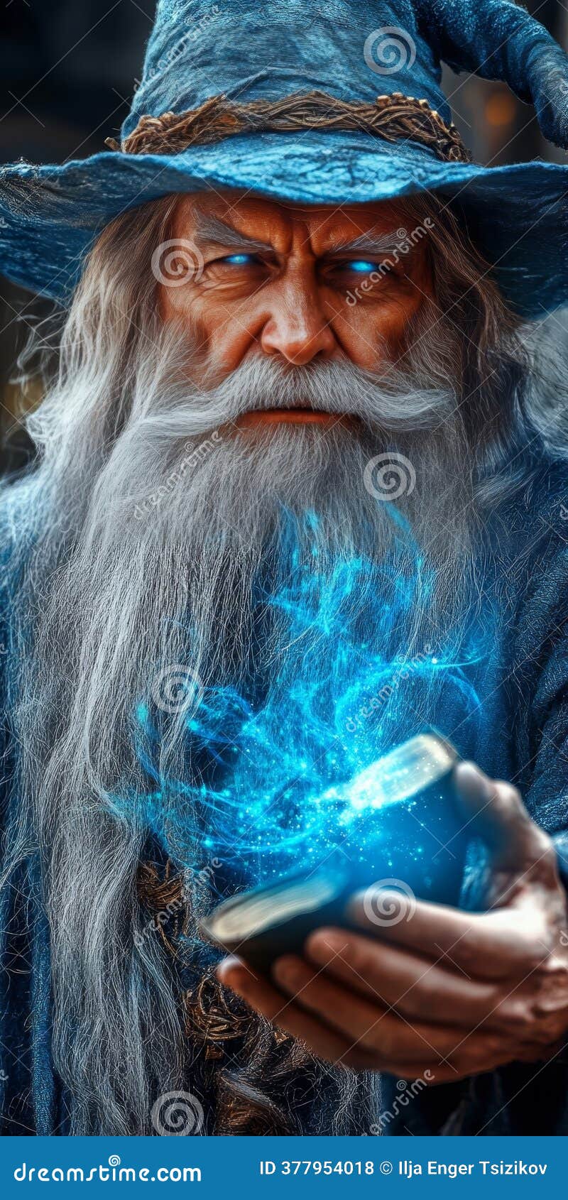 Ancient Wizard Conjuring Blue Magic From Arcane Tome In Gothic Setting ...