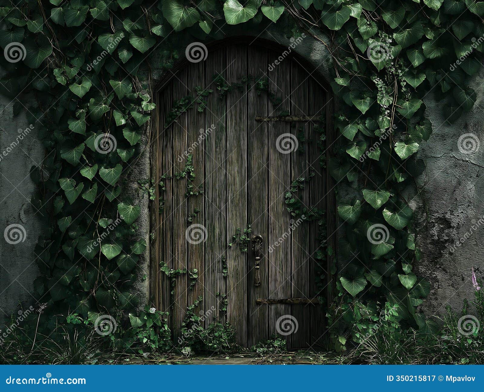An Ancient Wooden Door Overgrown With Greenery Stock Photography ...
