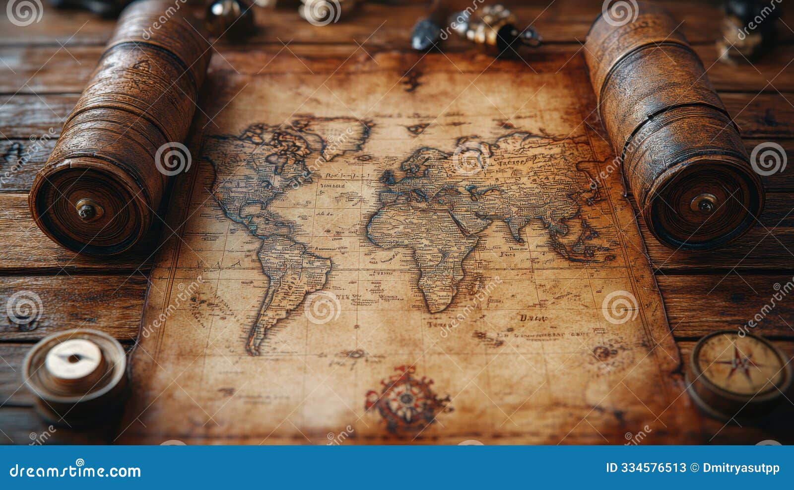 Ancient World Map on Wooden Table with Compass and Magnifying Glass ...