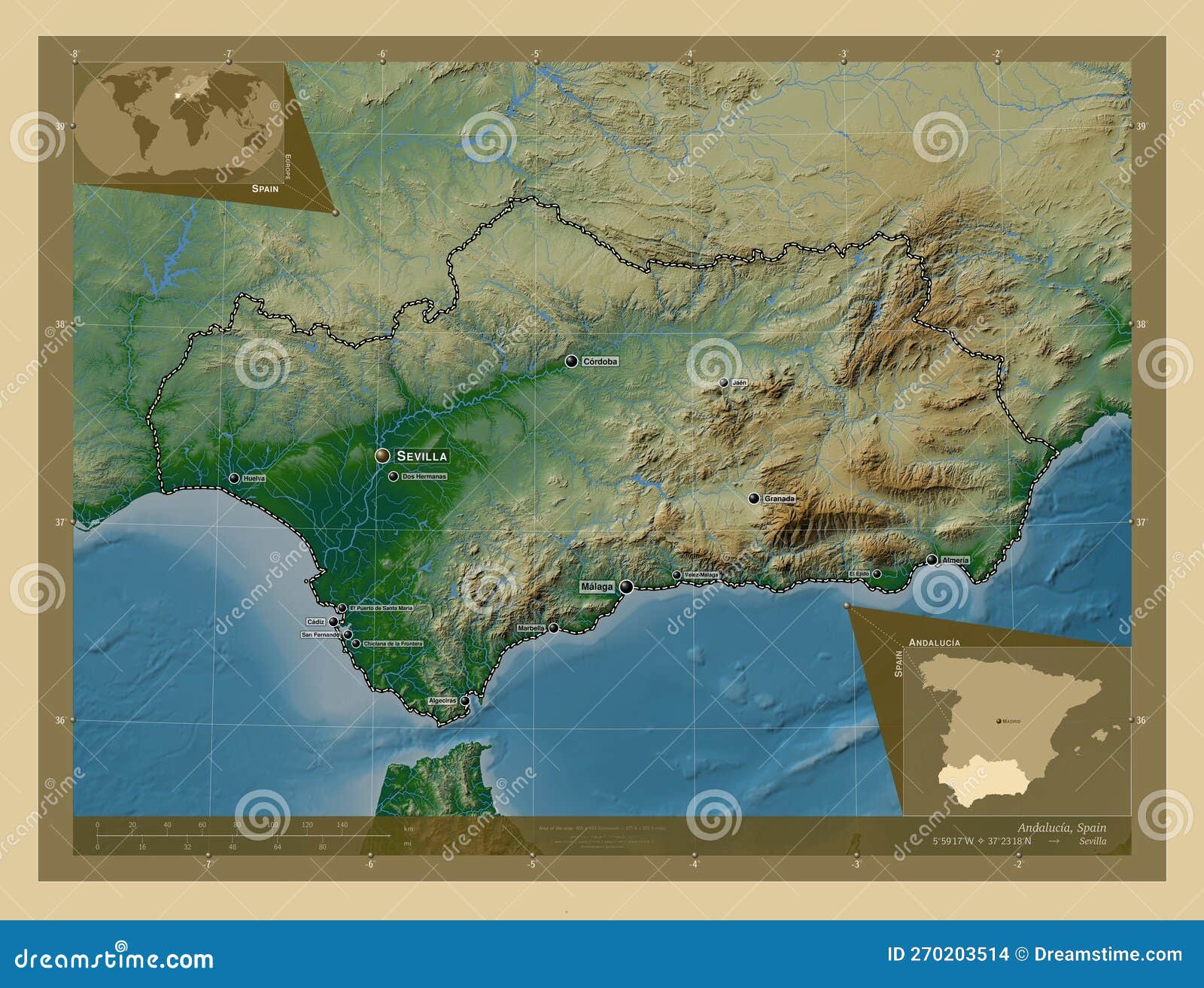 Andalucia, Spain. Physical. Labelled Points of Cities Stock ...