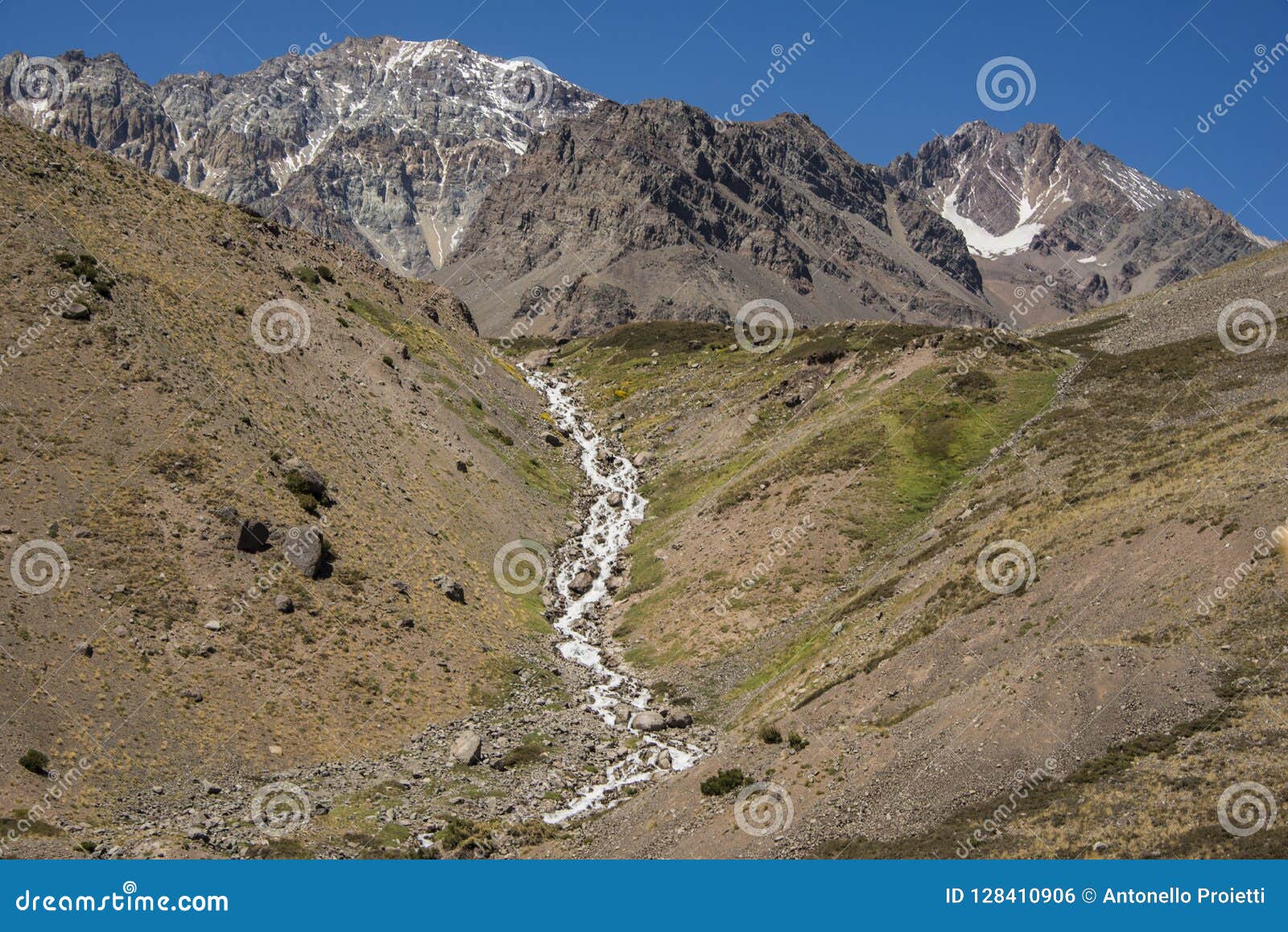 Andean Mountain Landscape with Stream Stock Photo - Image of snows ...