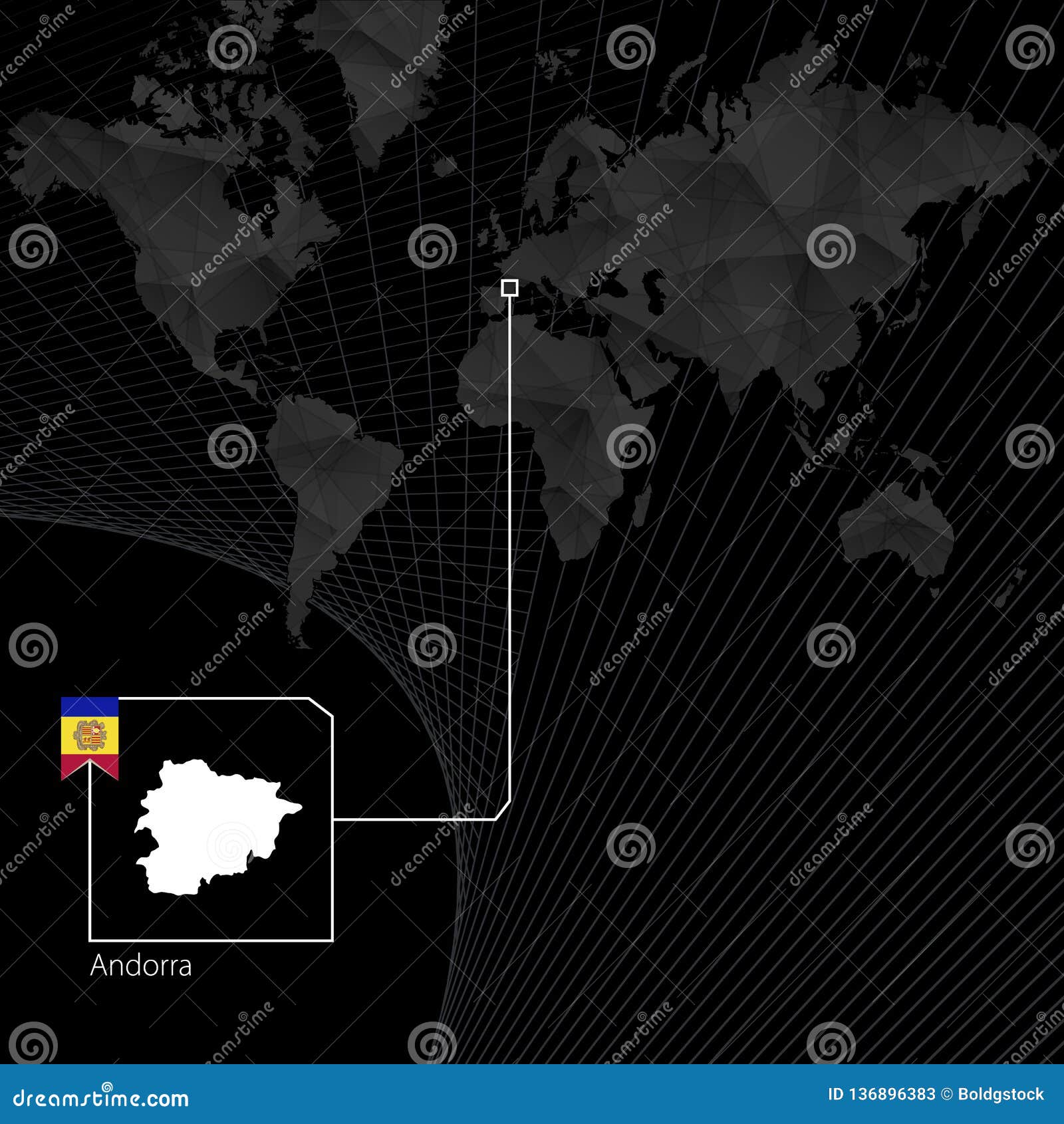 Andorra on Black World Map. Map and Flag of Andorra Stock Vector ...