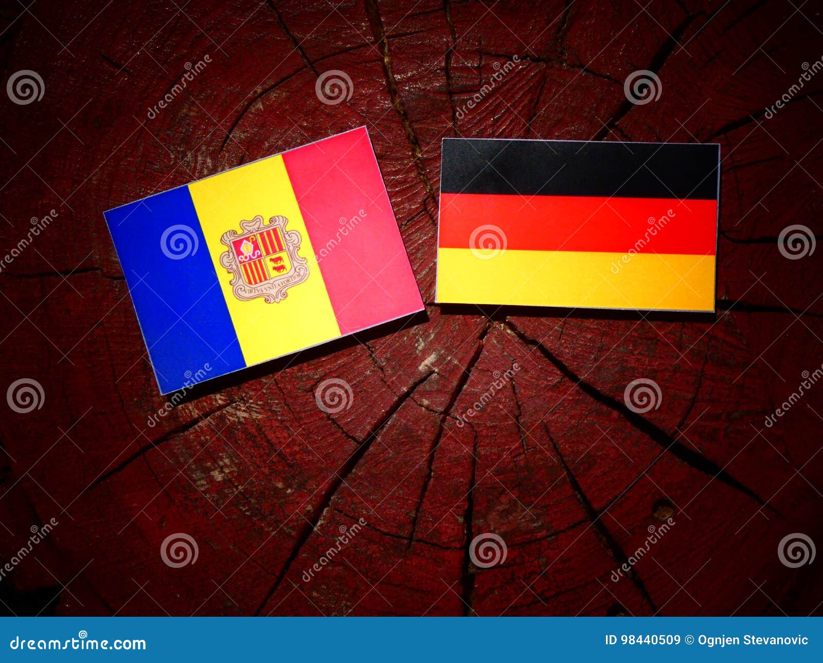 Andorra Flag with German Flag on a Tree Stump Stock Image - Image of ...