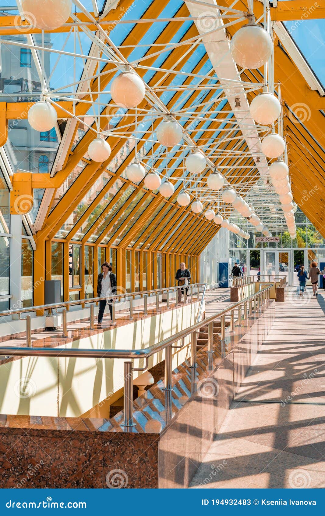 Bridge in Moscow, Bright Modern Yellow Interior Inside the Pedestrian ...