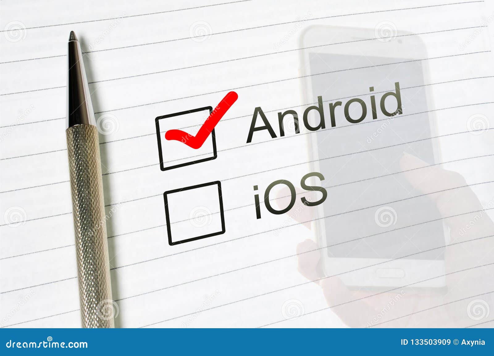 Android Choice or IOS Text, Marked Check Box with a Pen on Lined Paper ...