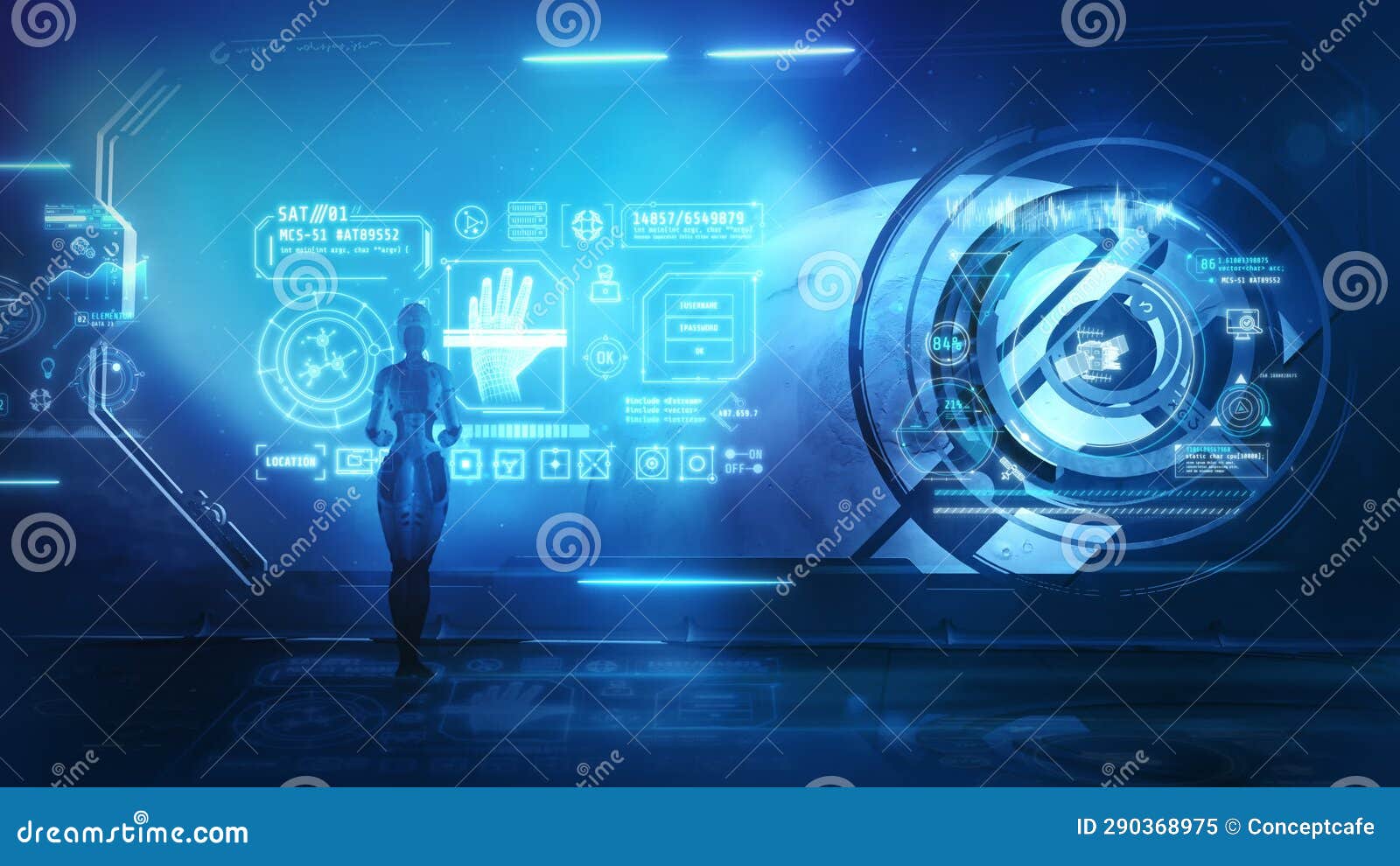 Android in a Spaceship in Front of a Virtual Panel. 3D Render Stock ...