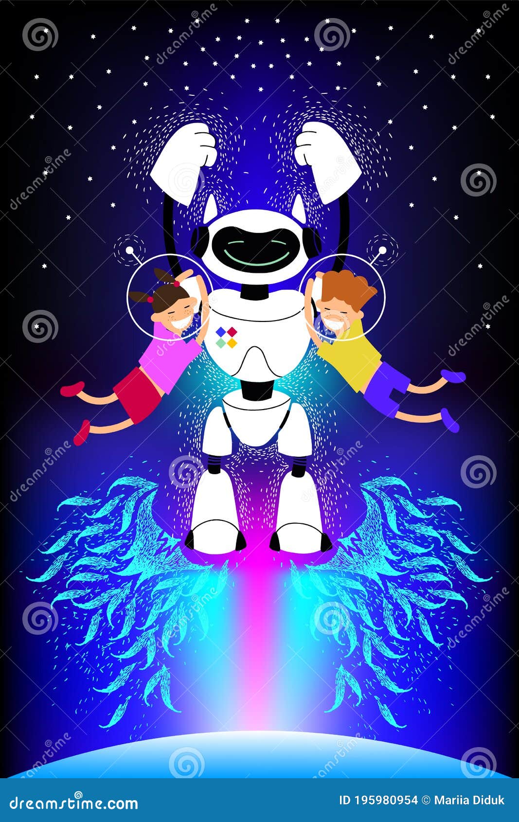 Android Flying With Children In Space. Astronauts In Open Space. Young ...