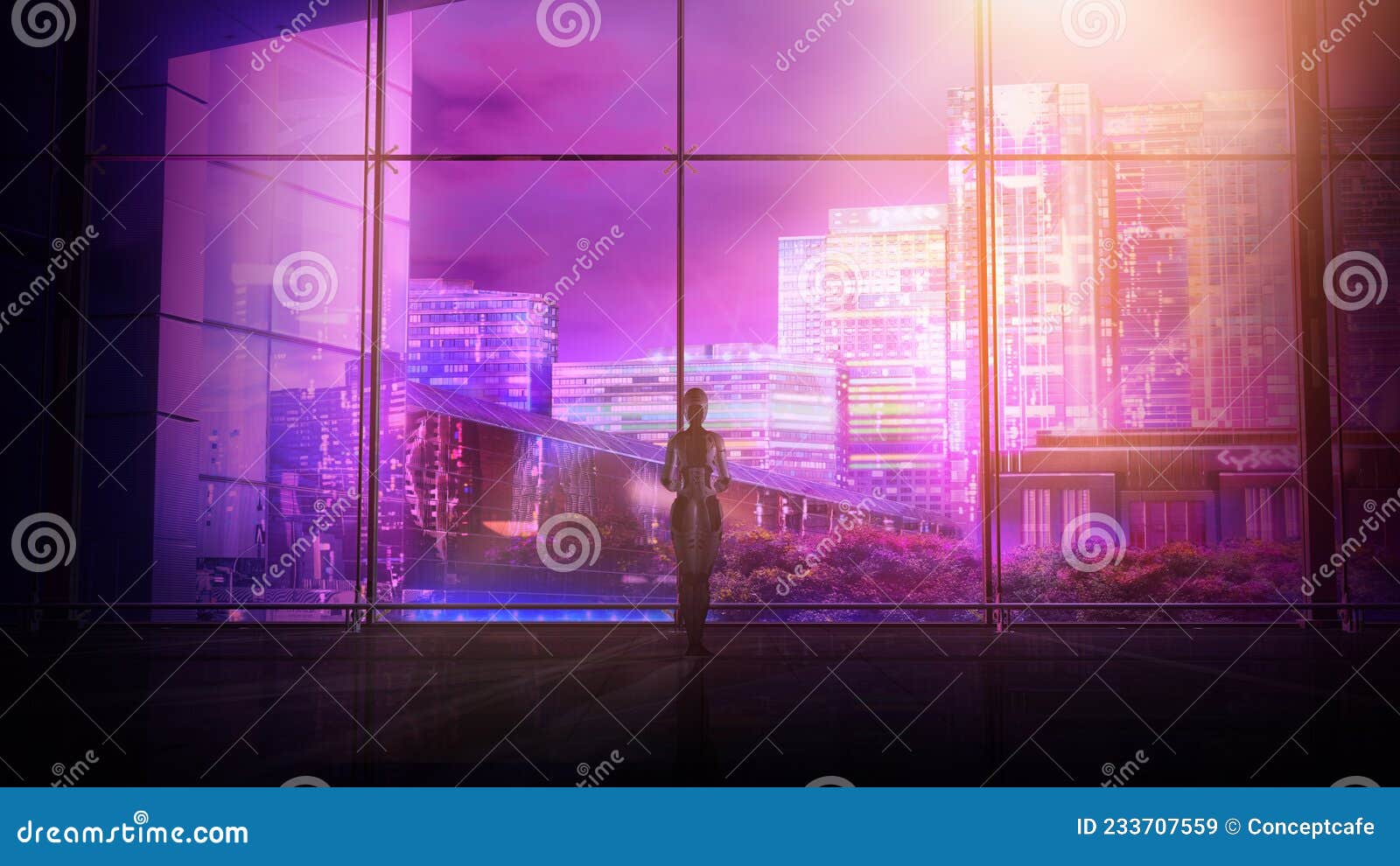 Android in Front of a Panoramic Window Overlooking the Night City, 3D ...