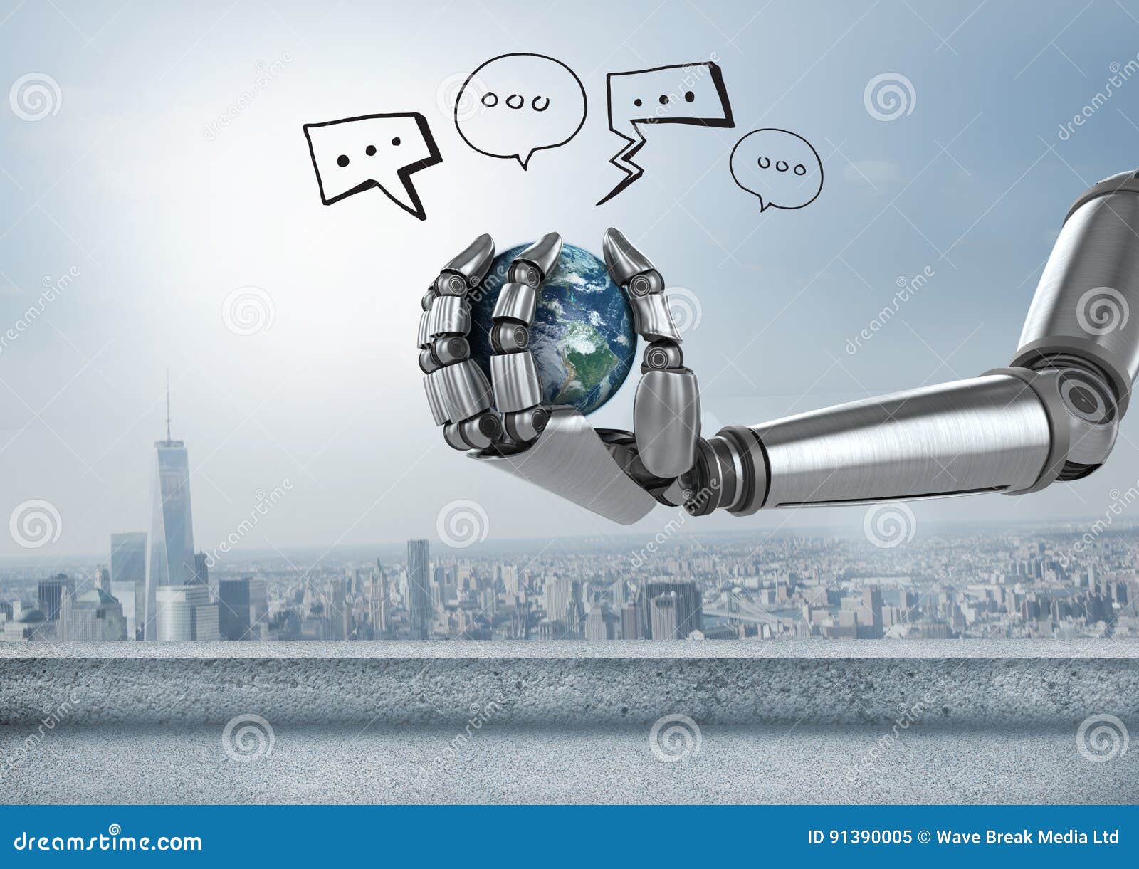 Android Hand Holding Planet Earth with Chat Bubble Drawings Graphics ...