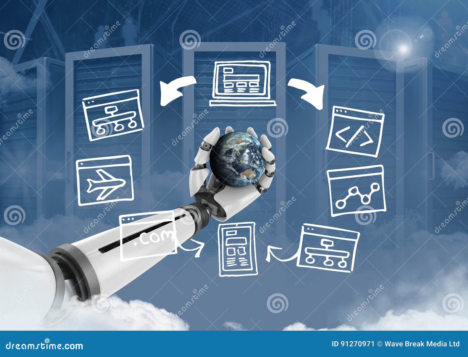 Android Hand Holding Planet Earth with Screen Computer Drawings ...