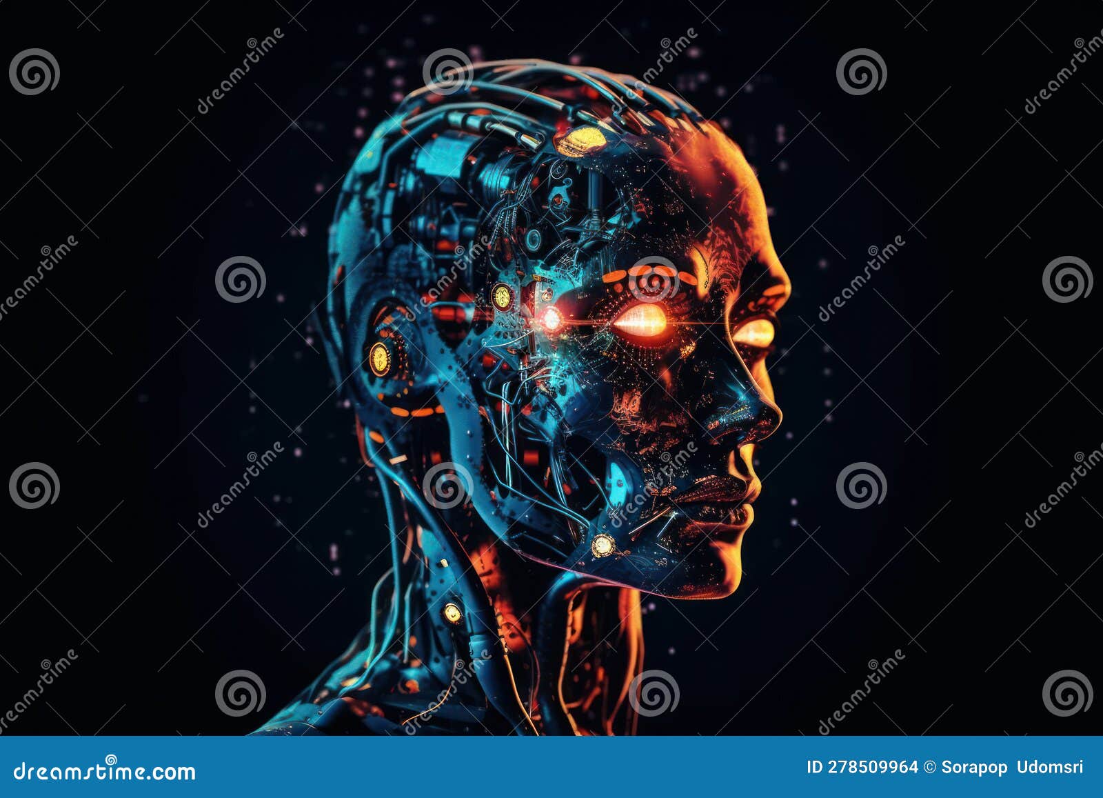 An Android Head with Glowing Eyes and Digital Brain Stock Illustration ...