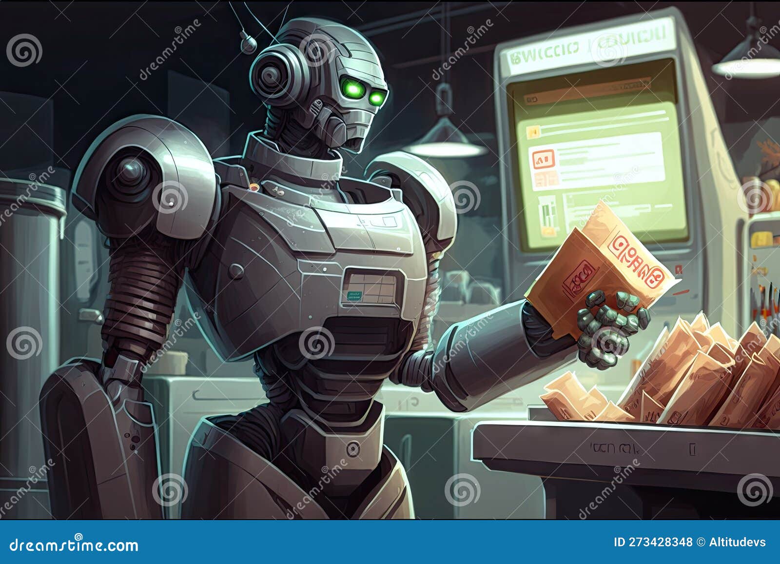 An Android Robot Bagging Groceries at the Checkout, with a Credit Card ...