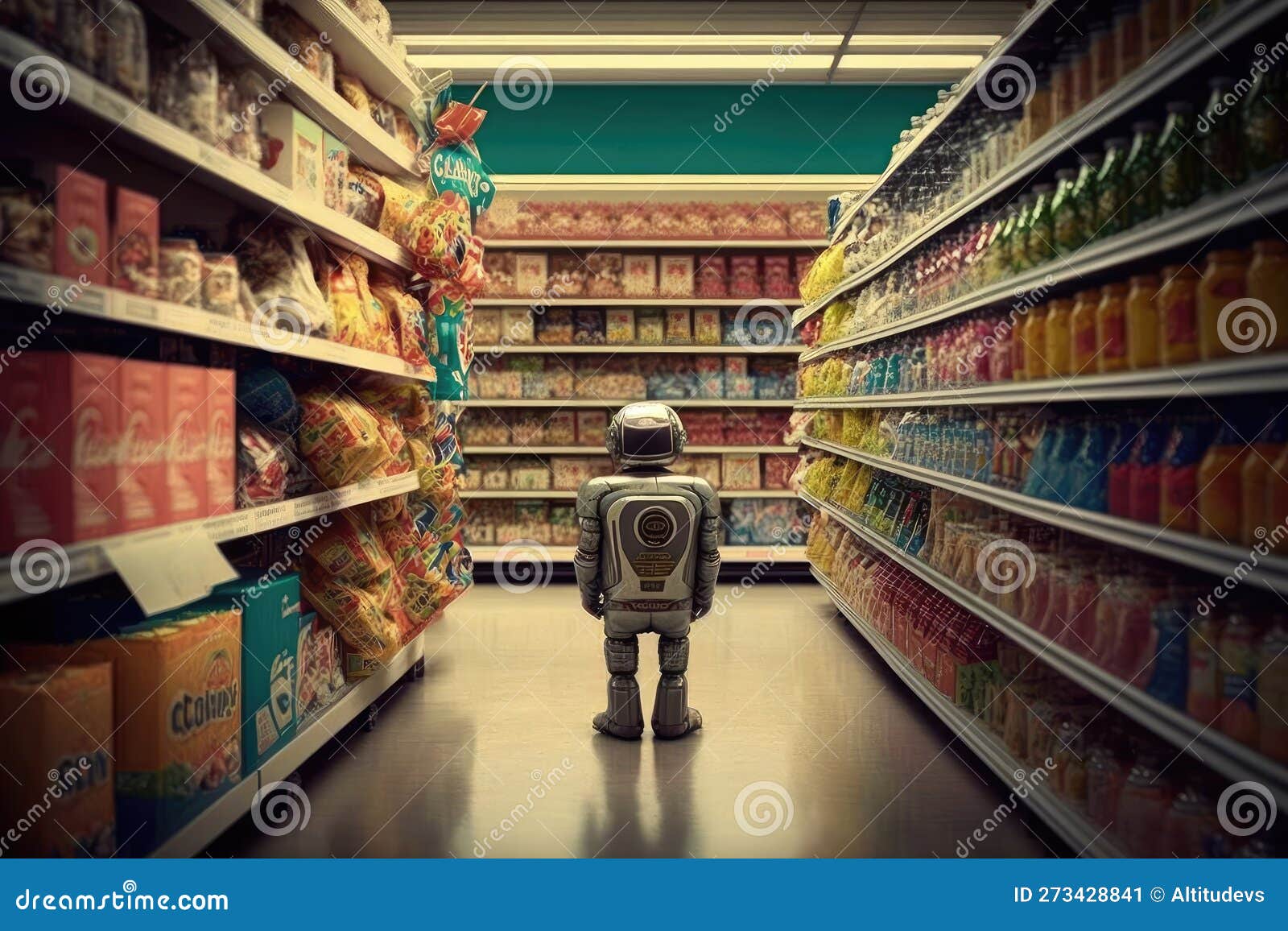 Robot, Browsing The Aisles Of Hardware Store, With Various Tools And ...