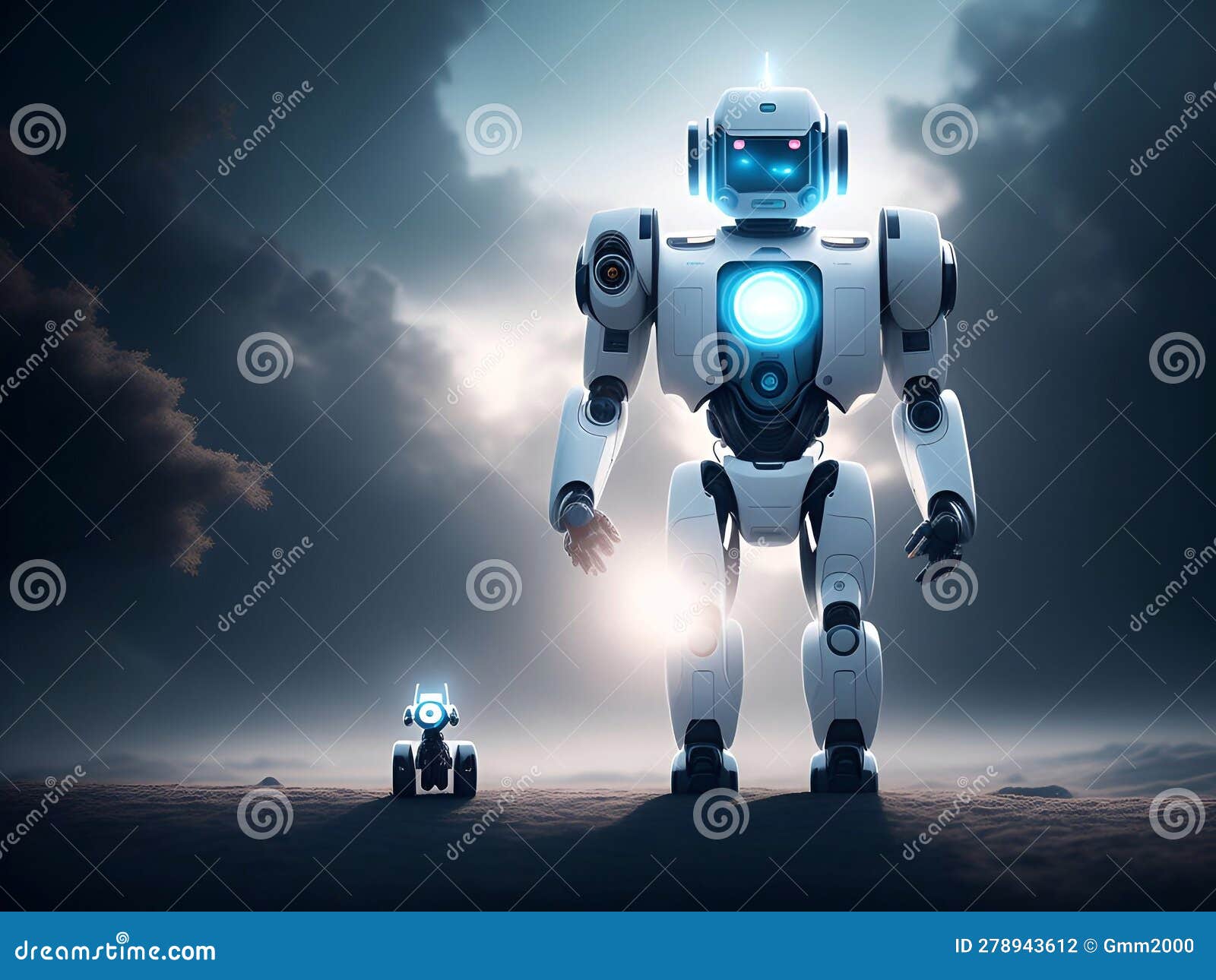 Android, Robot, Cyborg, Small and Large Standing on the Ground with Sky ...