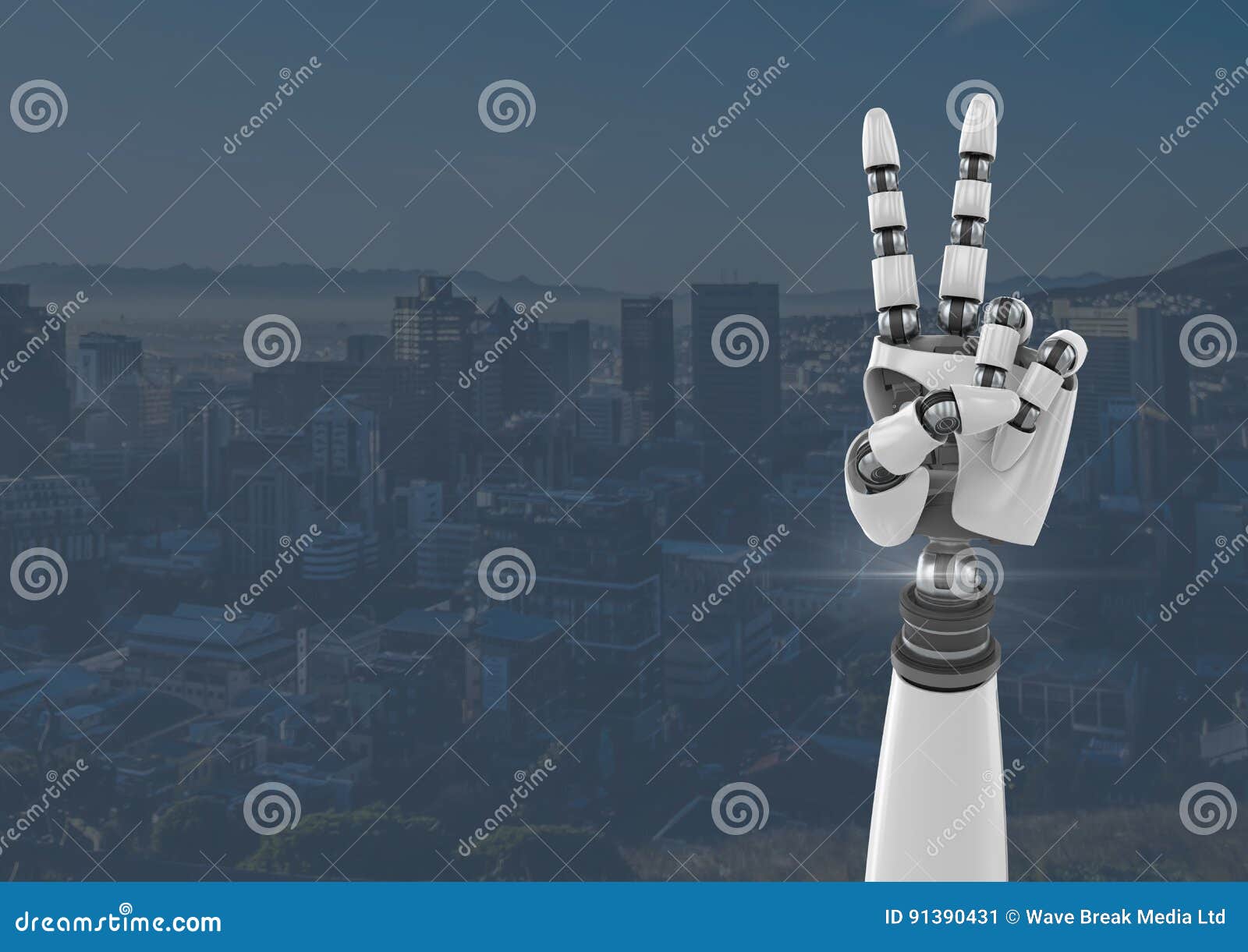 Android Robot Hand Peace Gesture with Blue City Background Stock ...