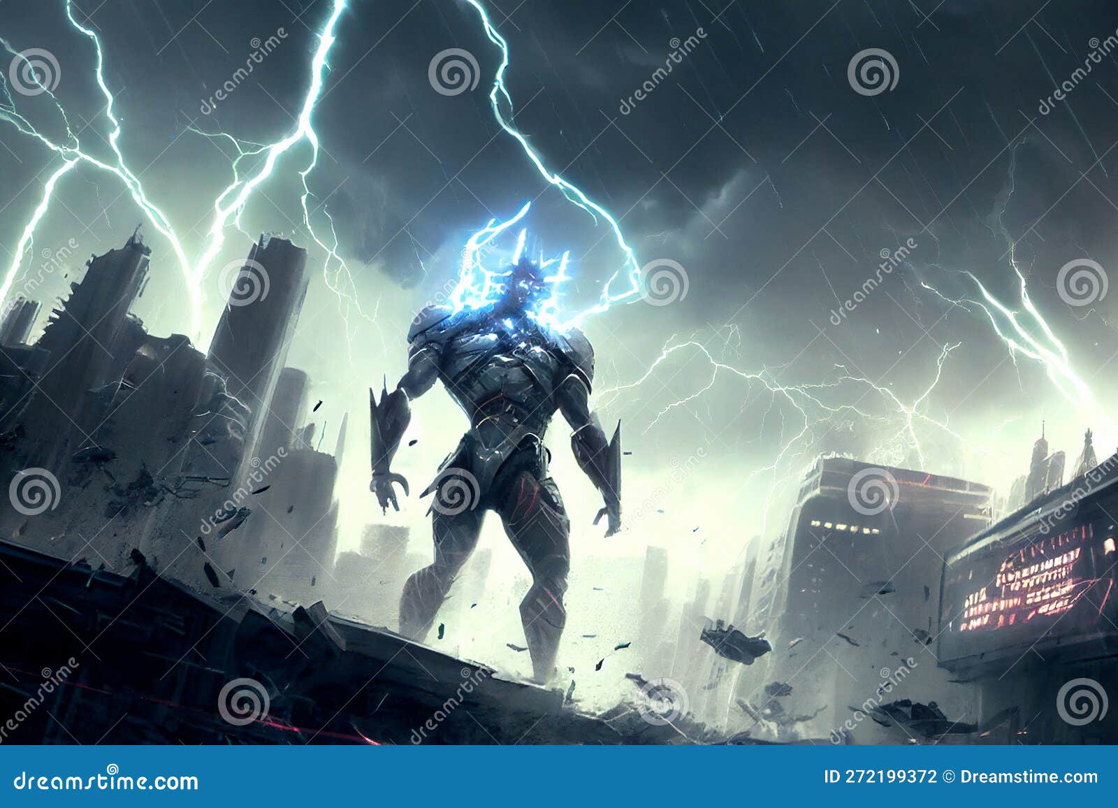 Android Robot Invasion in a Street with a Lightning Bolt Causing Total ...