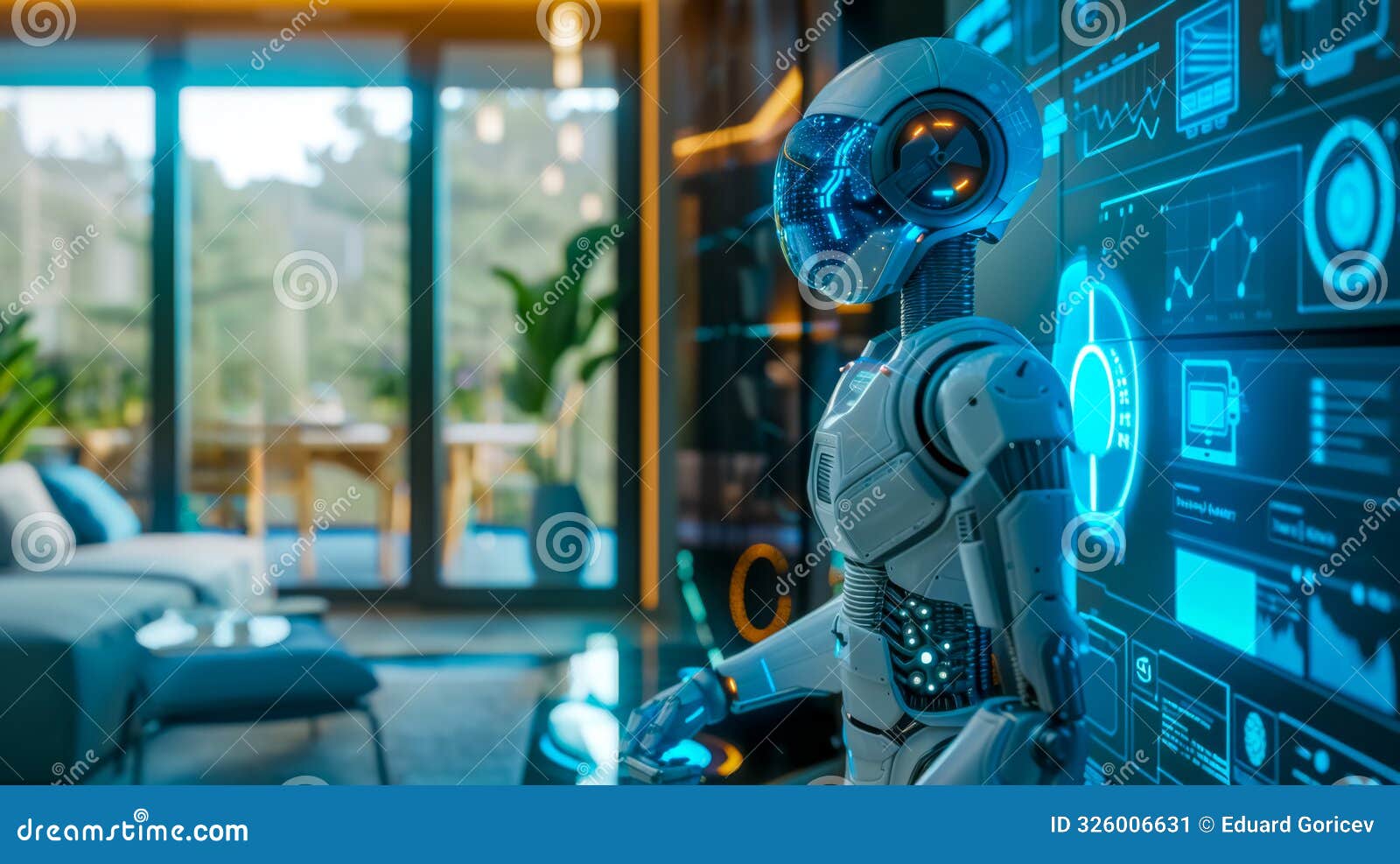 Android Robot Monitoring Smart Home Using Control Panel App Stock Image ...