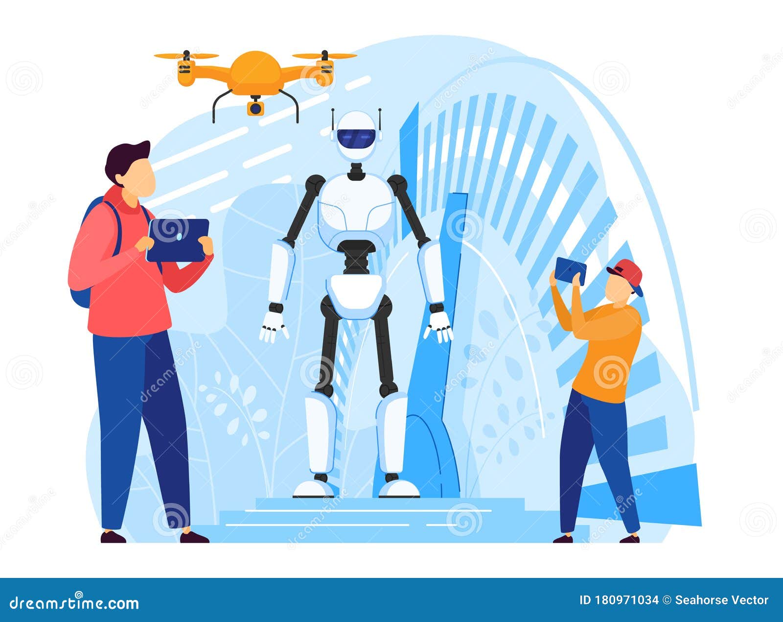 Android Robot, People Control Futuristic Technologies with Modern ...