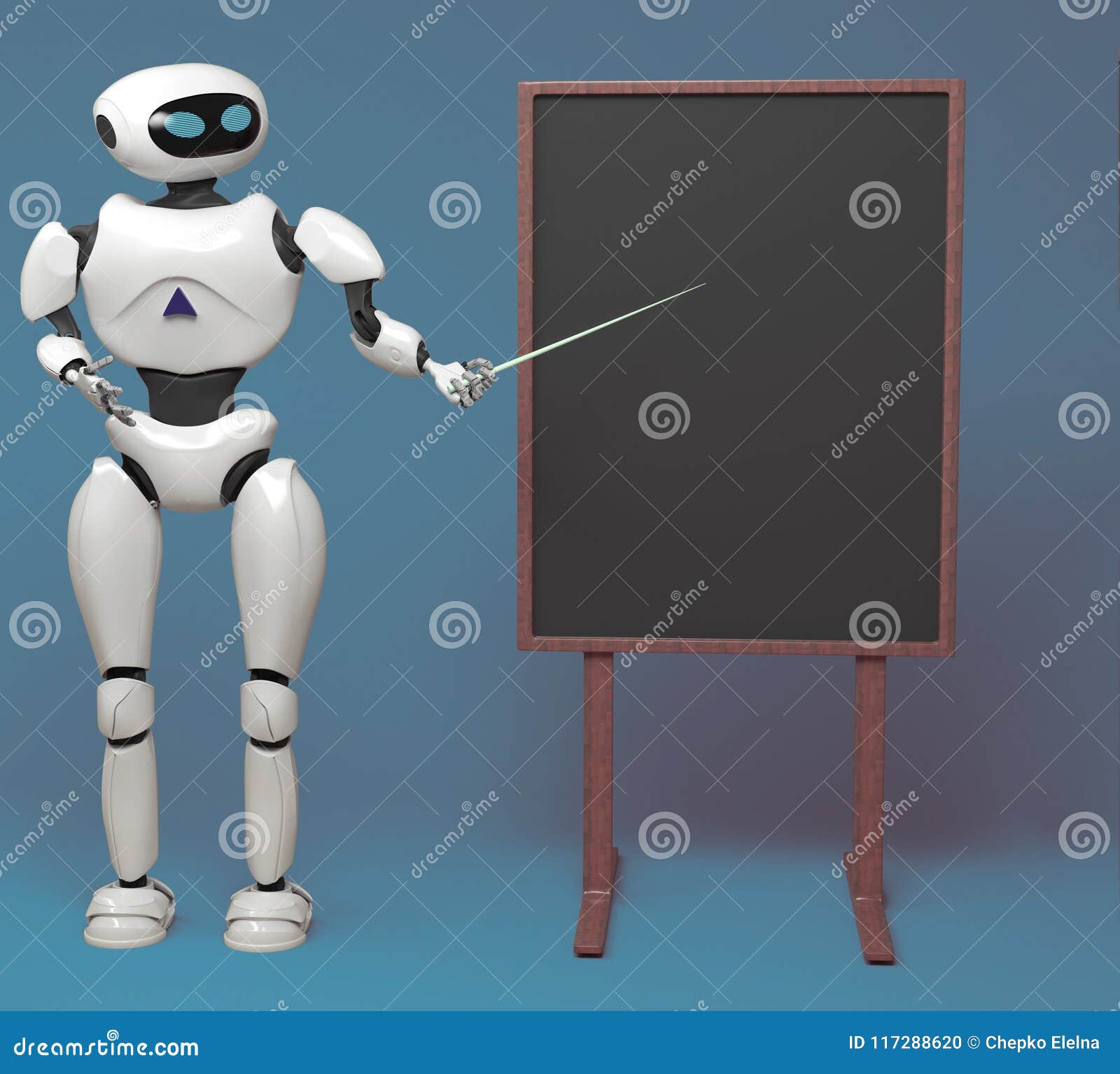 Android Robot with Pointer Stick on Blue Background. 3d Illustration ...