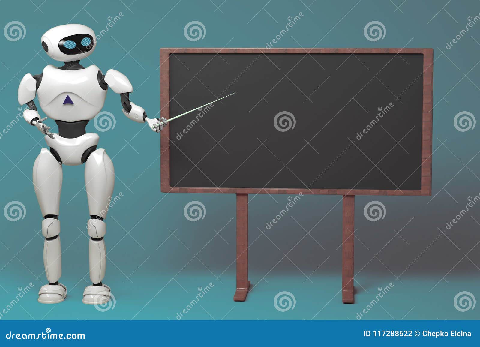 Android Robot with Pointer Stick on Blue Background. 3d Illustration ...