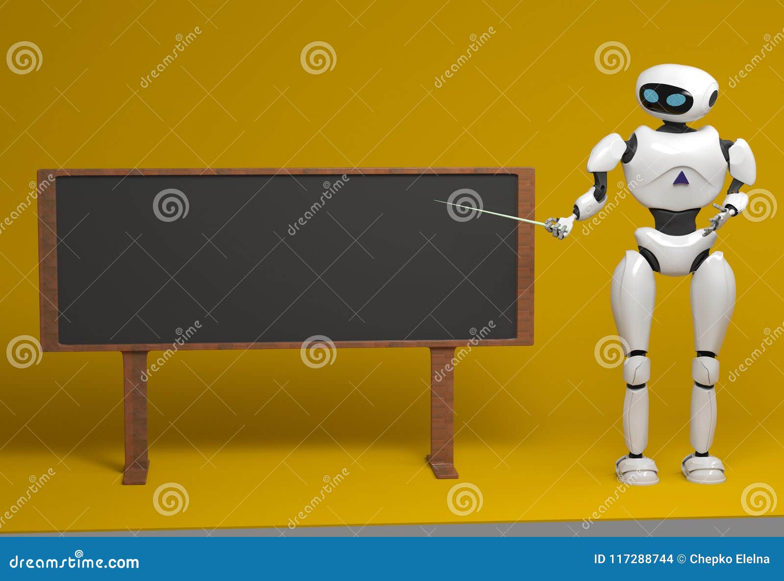 Android Robot with Pointer Stick on Orange Background. 3d Illustration ...