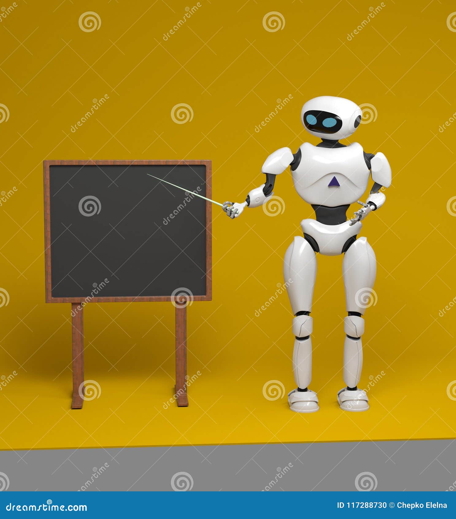 Android Robot with Pointer Stick on Orange Background. 3d Illustration ...