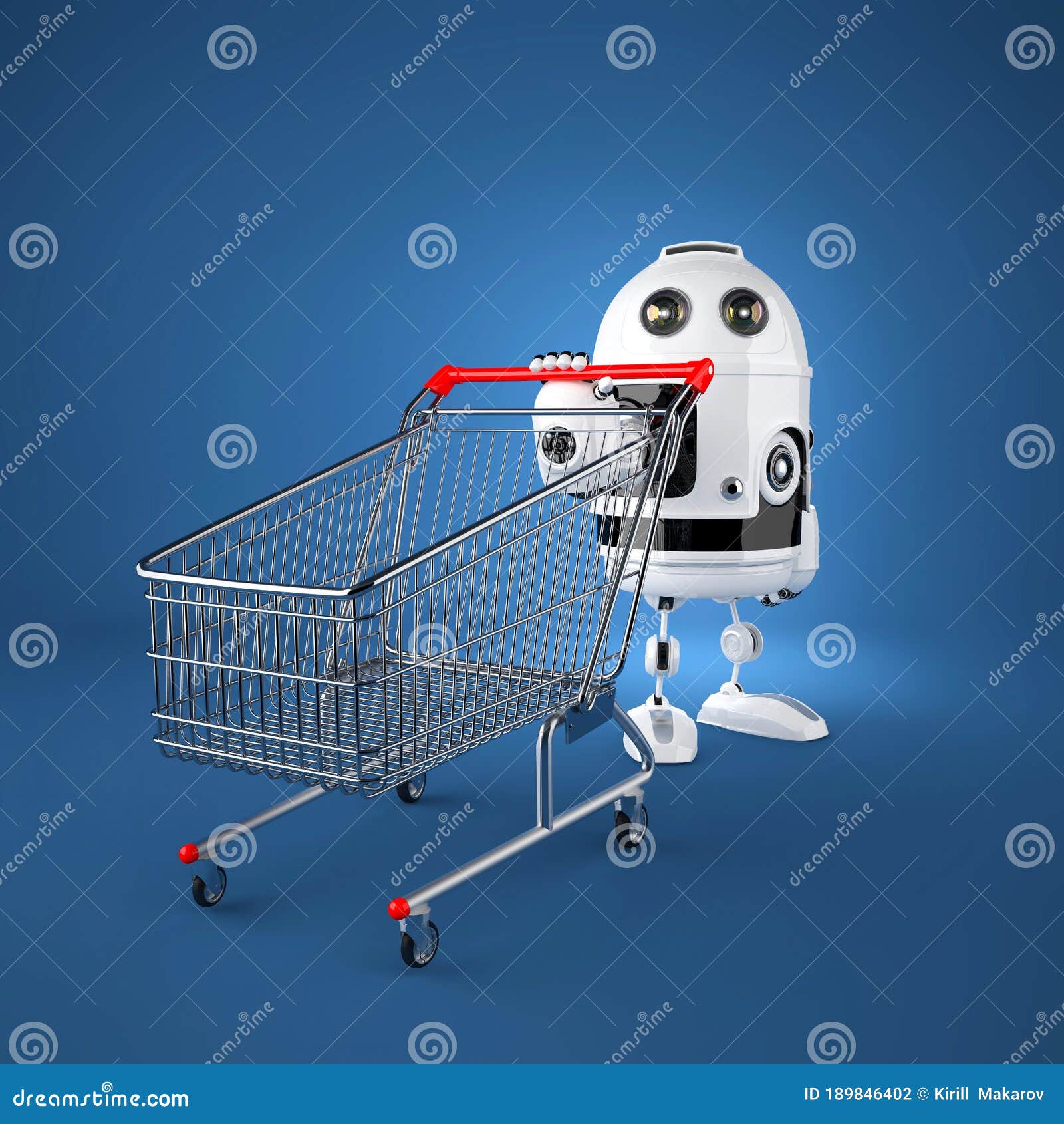 Android Robot with Shopping Cart. Rendered Over Blue Background Stock ...