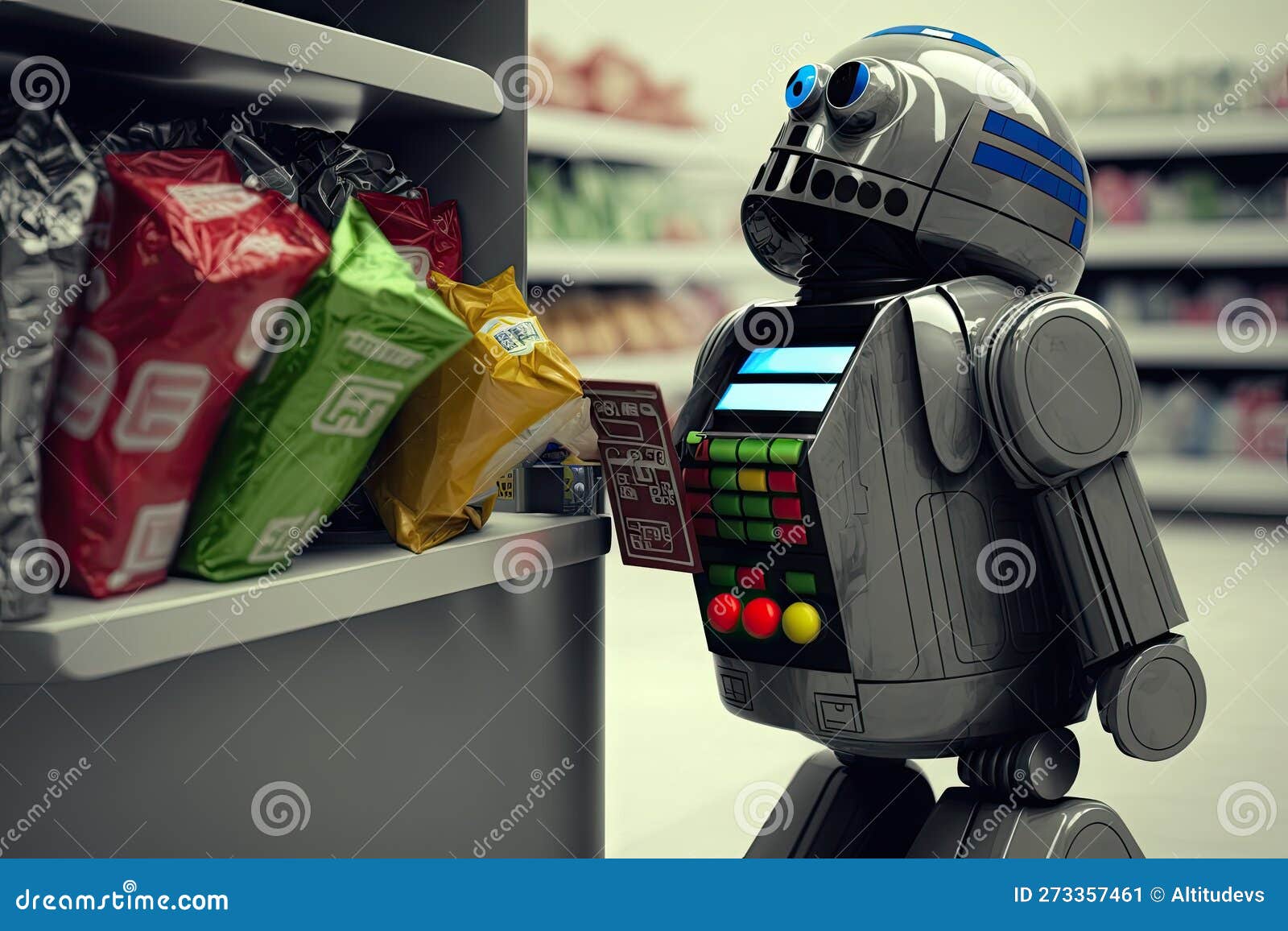Android Robot Standing Behind the Checkout, Checking Out a Bag with ...