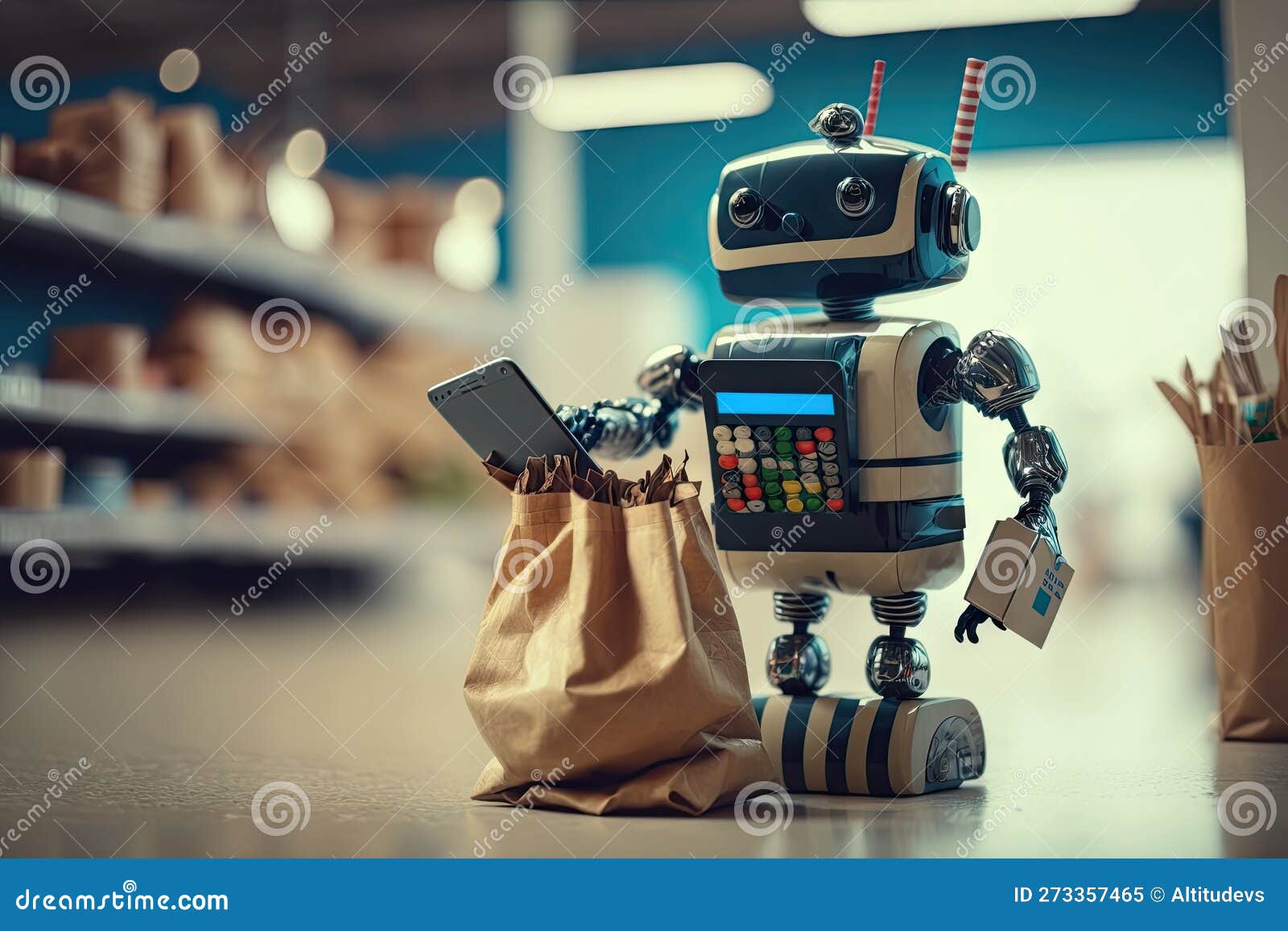 Android Robot Standing Behind the Checkout, Checking Out a Bag with ...