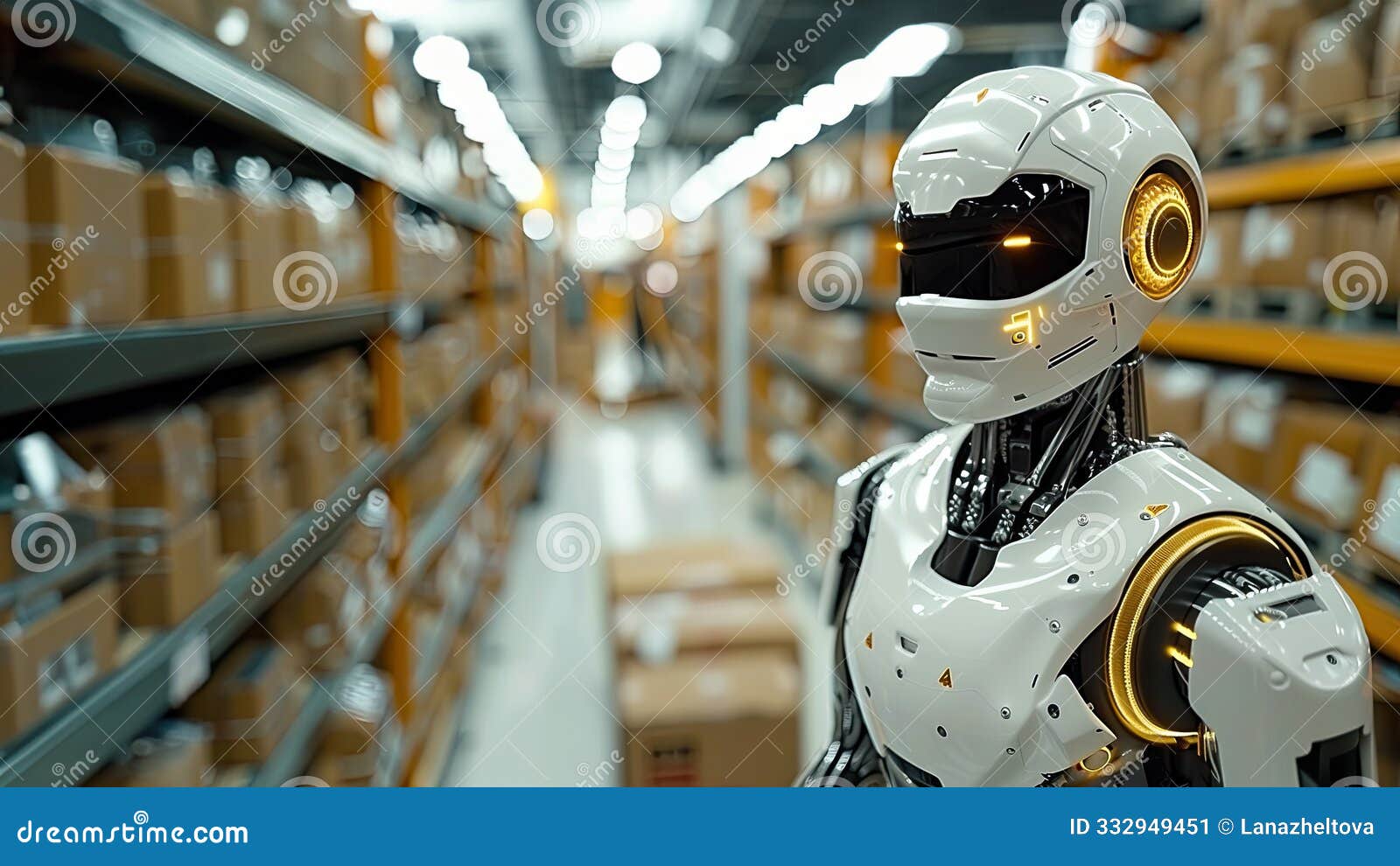 Android Robot Standing in Retail Warehouse Looking at Camera Stock ...