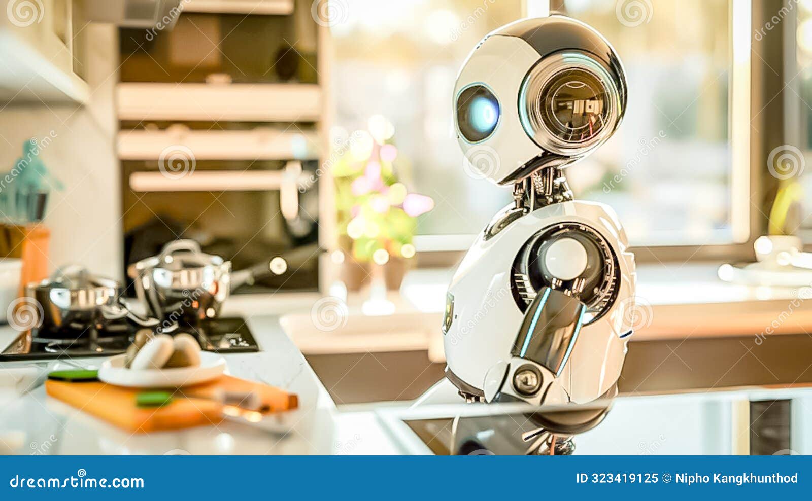 Housework And Cooking. A Female Robot Holding A Large Cooking Pot. A ...