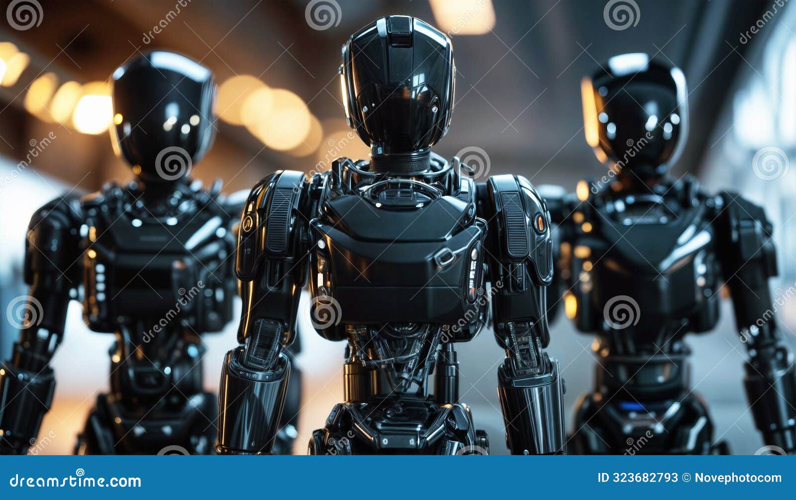 Android Robots. Three Black Shiny Robots. Sky-Fi Robots in the Office ...