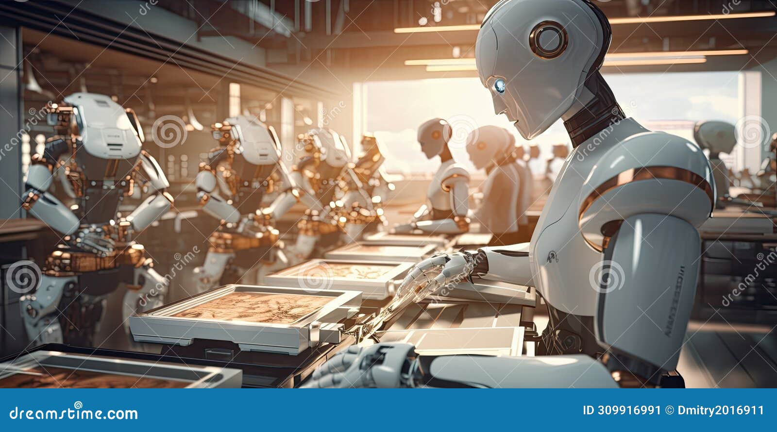 Android Robots Work on a Factory Assembly Line. Stock Illustration ...