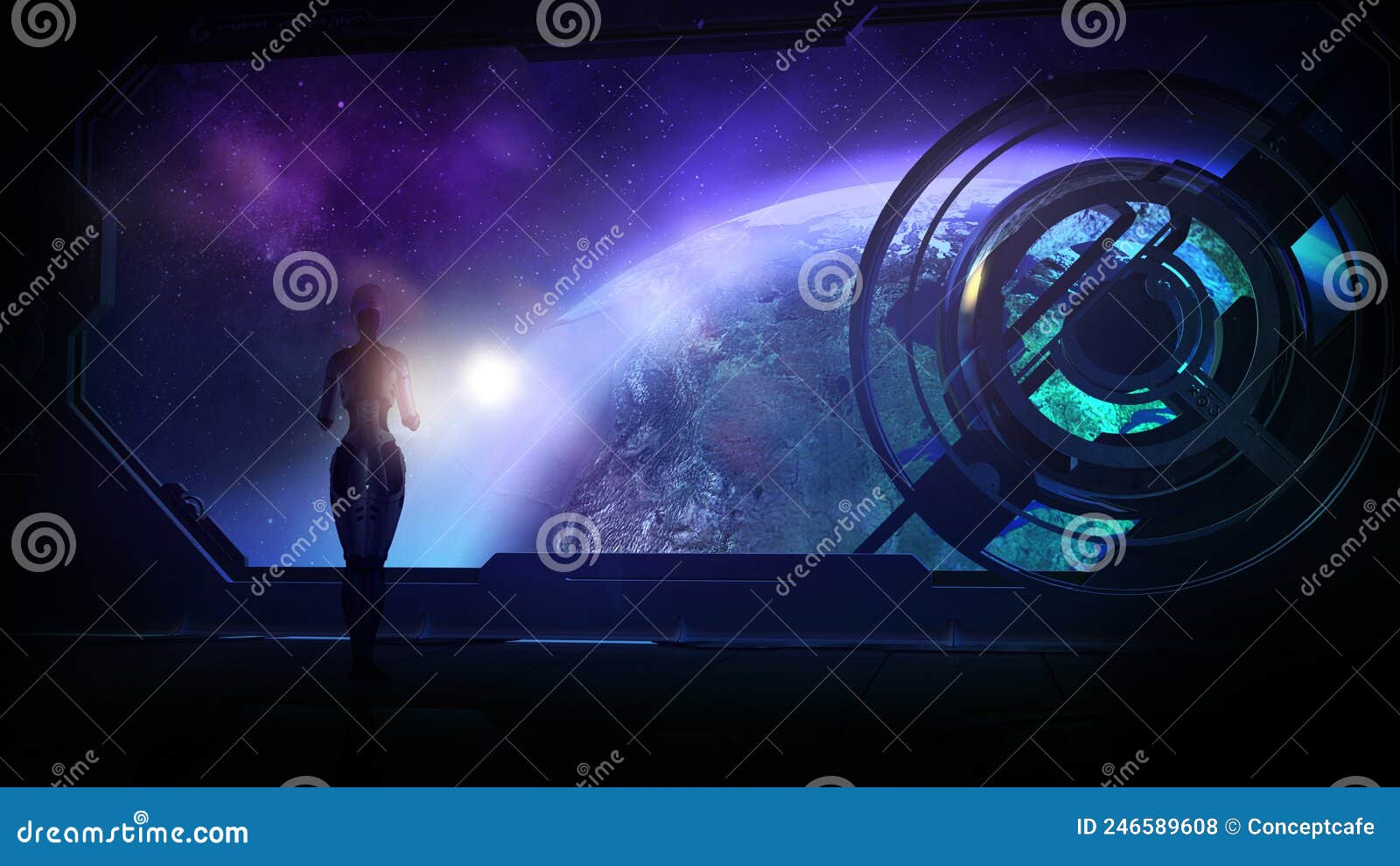 An Android in a Spaceship Orbiting the Earth, 3D Render. Stock ...