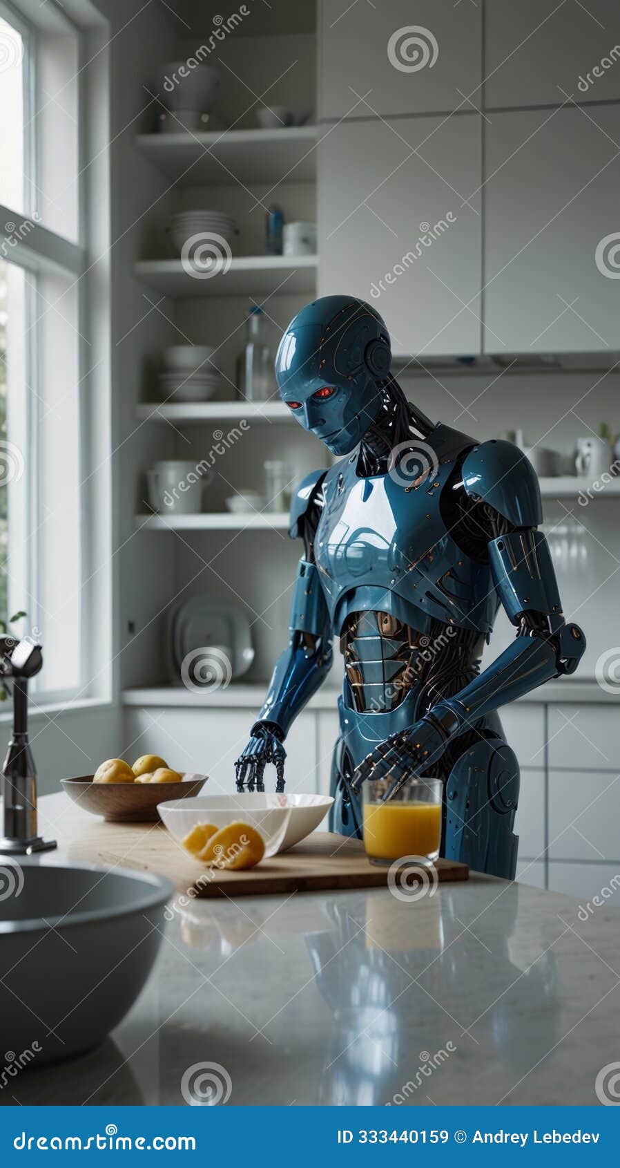 Android with a Translucent Blue Face Performing Household Chores Stock ...