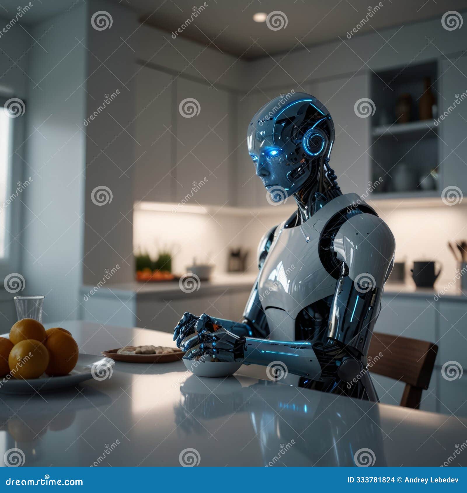 Android with a Translucent Blue Face Performing Household Chores Stock ...