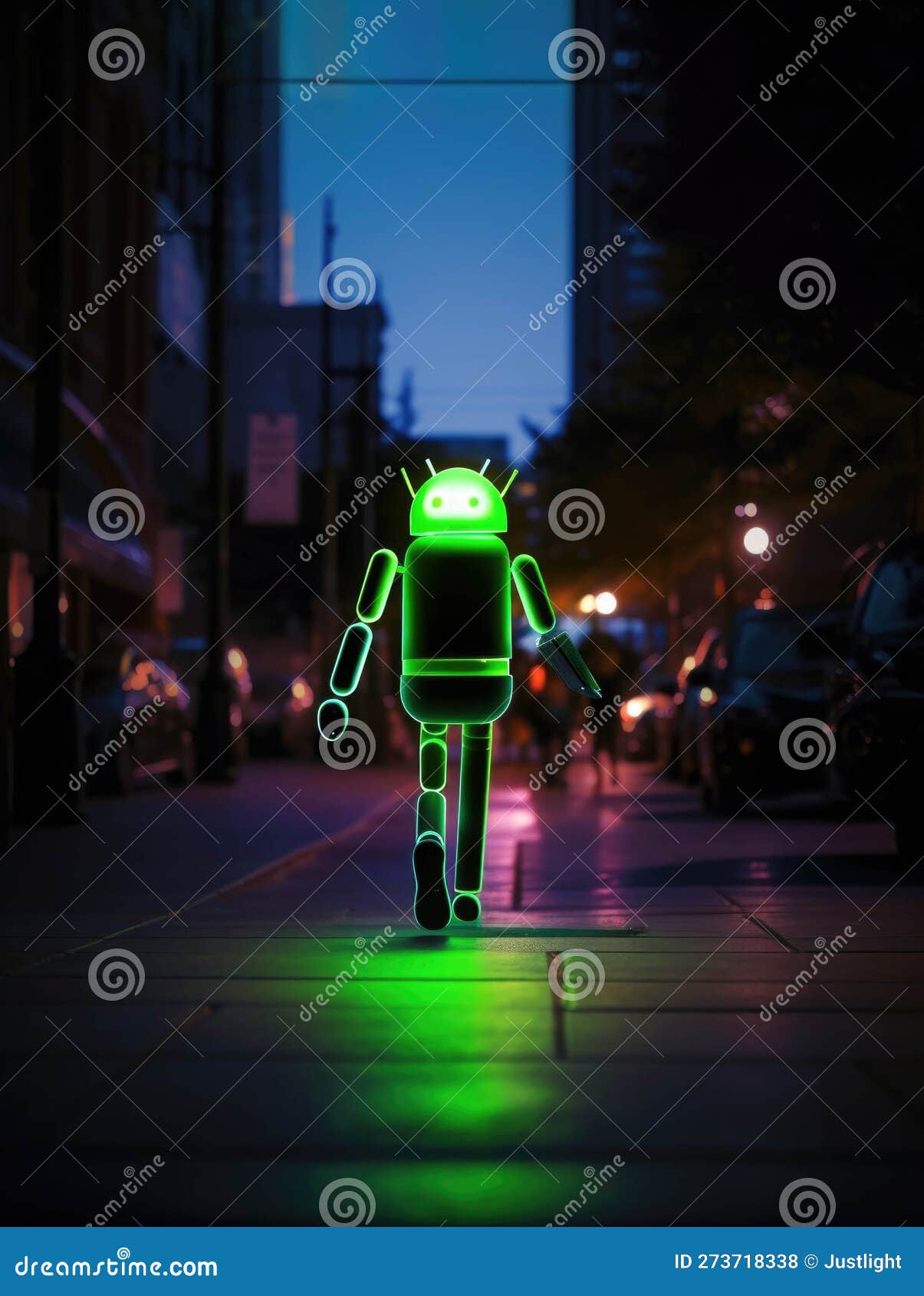An Android Walks Down a Neonlit Street Flashing LED Lights from Its ...